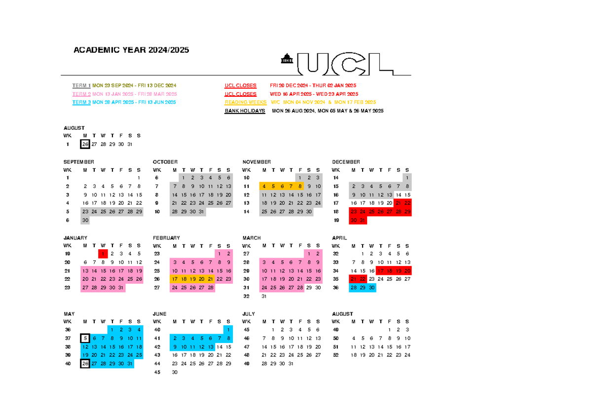 Ucl calendar 2024 25 1 - Ucl calender - ACADEMIC YEAR 2024/ TERM 1 MON ...
