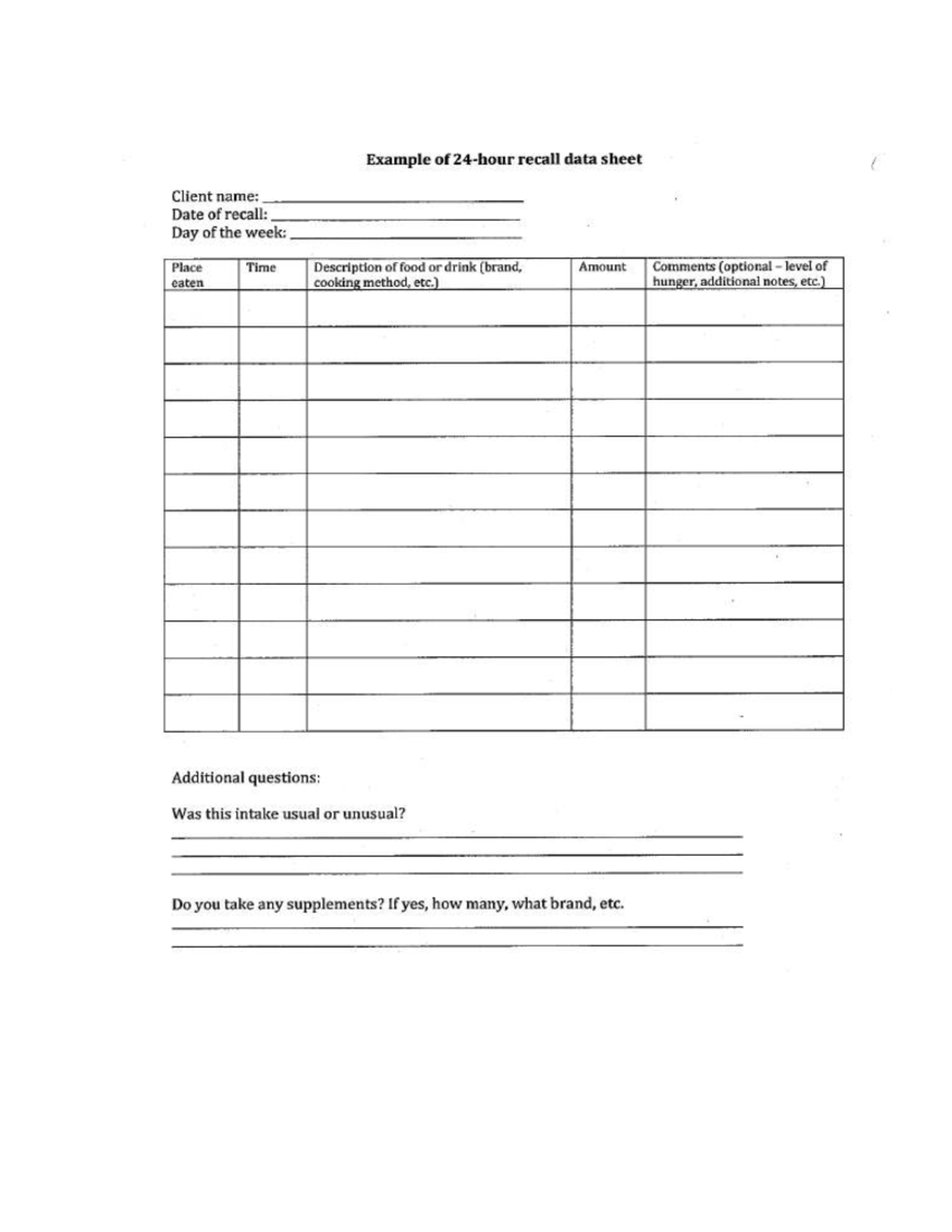 24-Hour Recall Data Sheet Template for Counseling Assignment - Studocu