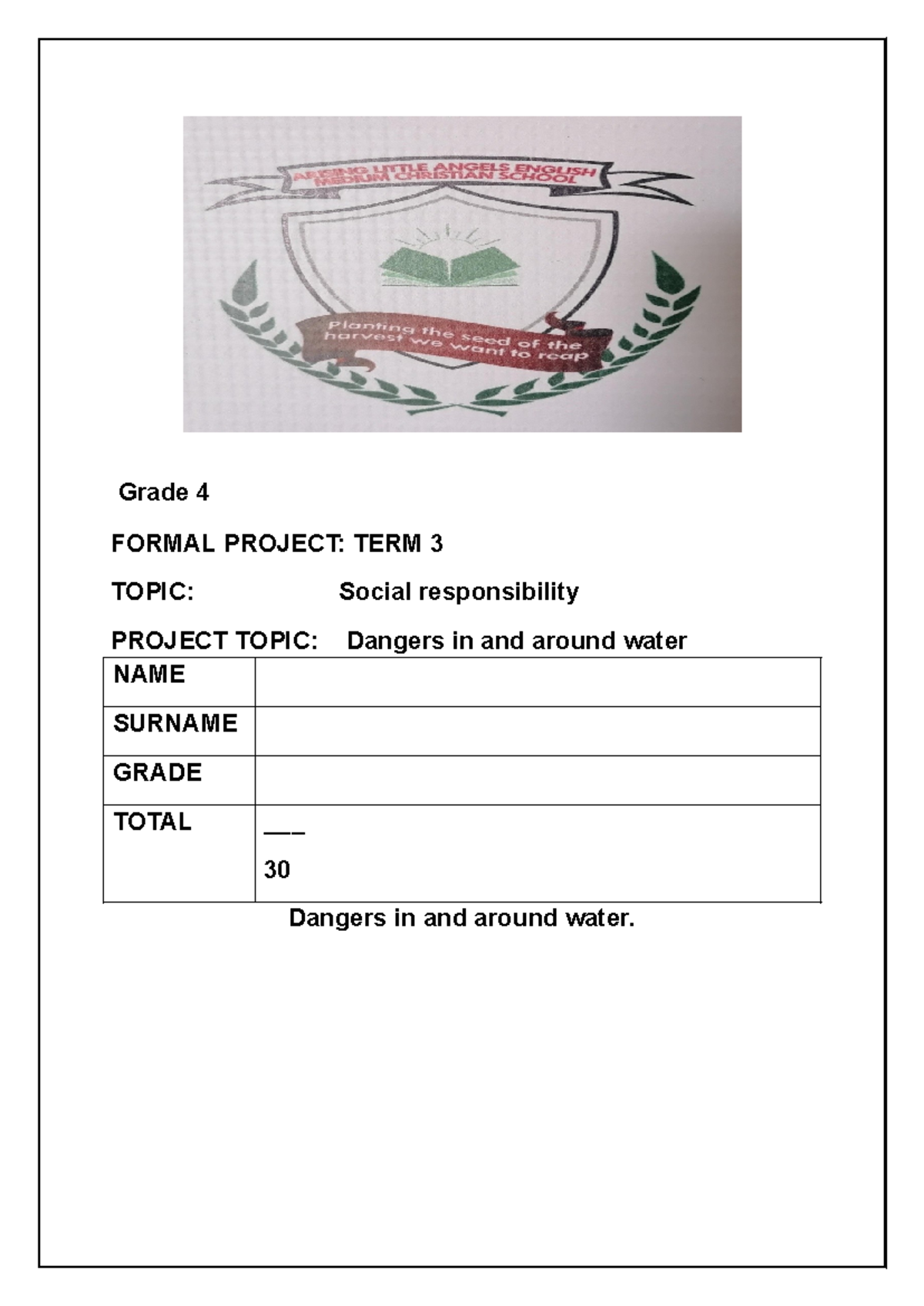 Grade 4 Life Skills Project: Term 3 - Water Safety & Heritage - Studocu