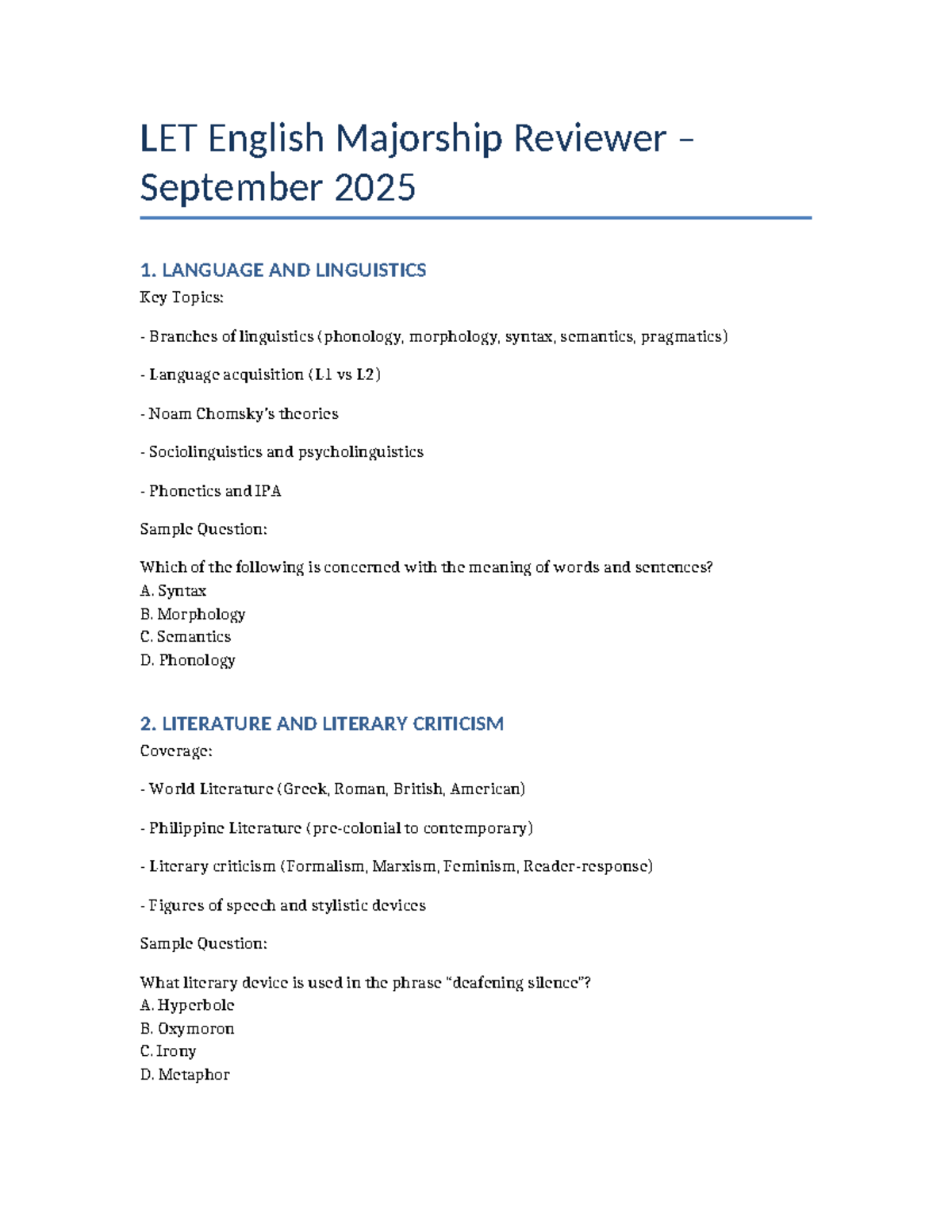 LET English Majorship Reviewer 2025: Key Topics & Study Tips - Studocu