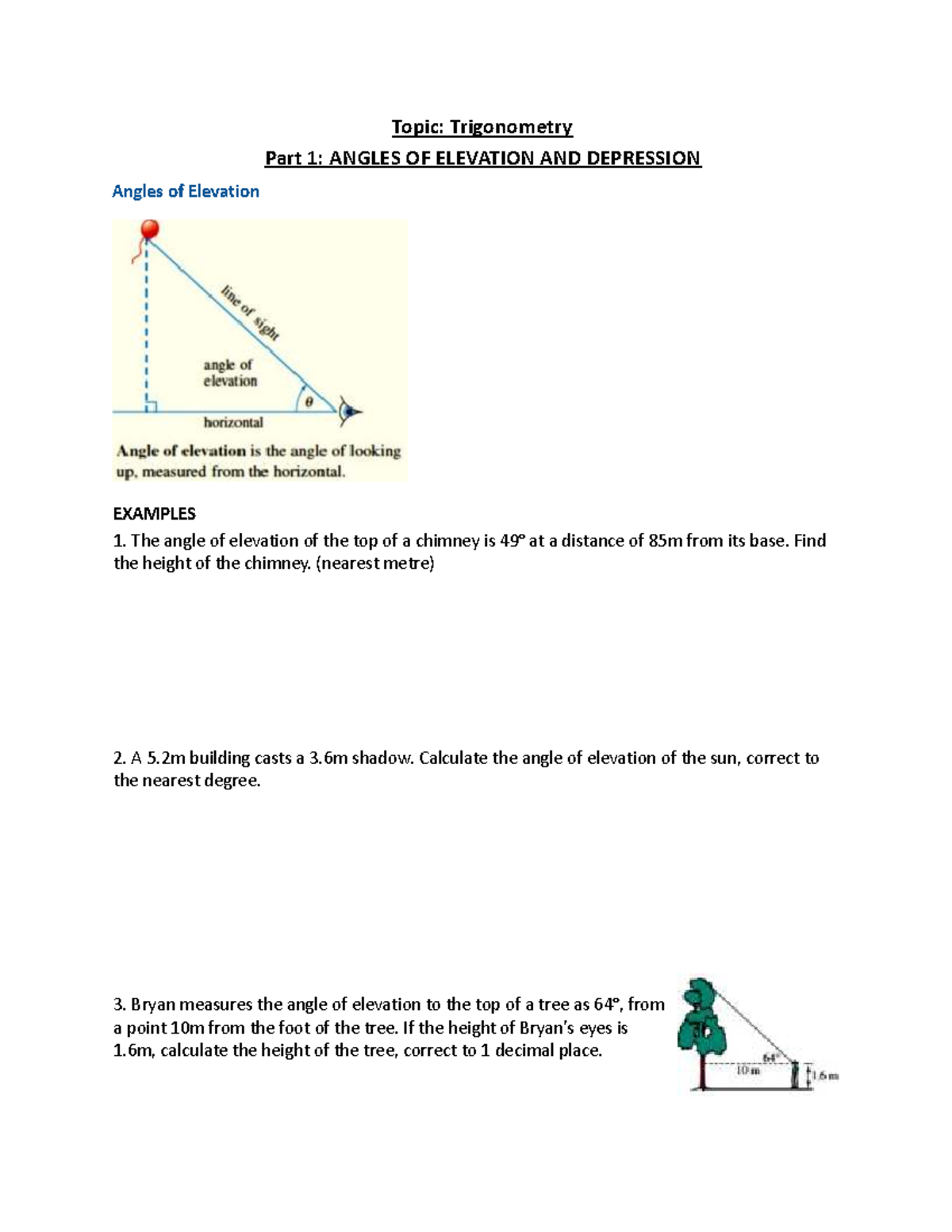 Bahlie Year 10 Maths: Trigonometry - Angles of Elevation & Depression ...