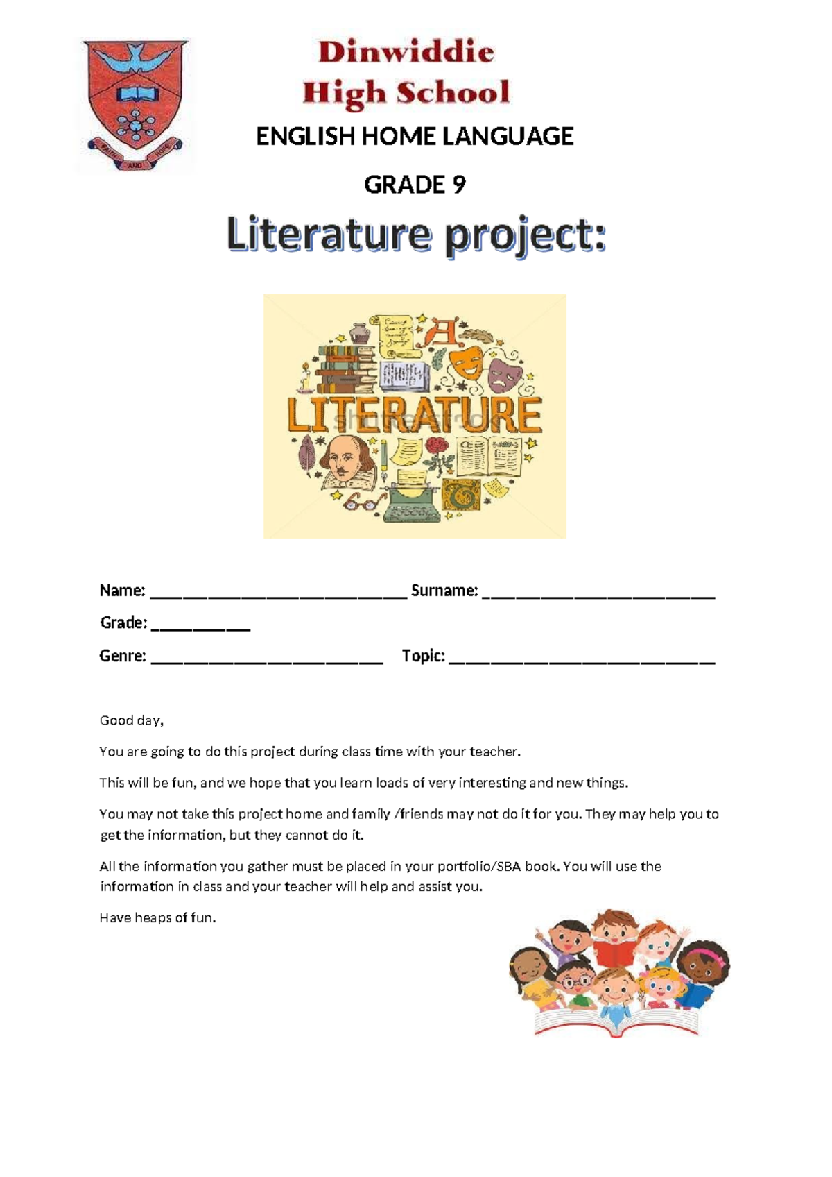 ENGLISH HOME LANGUAGE GRADE 9 Term 3 Literature Project Guidelines ...