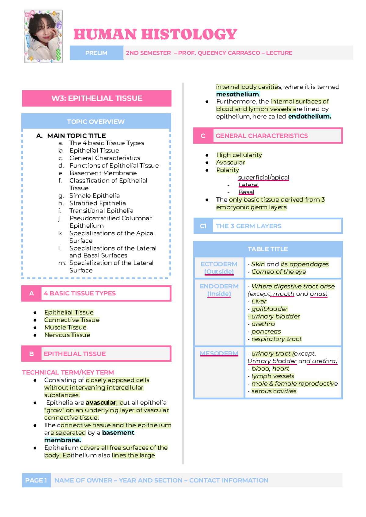 HUMAN HISTOLOGY PRELIM 2ND SEMESTER LECTURE W3: Epithelial Tissue ...