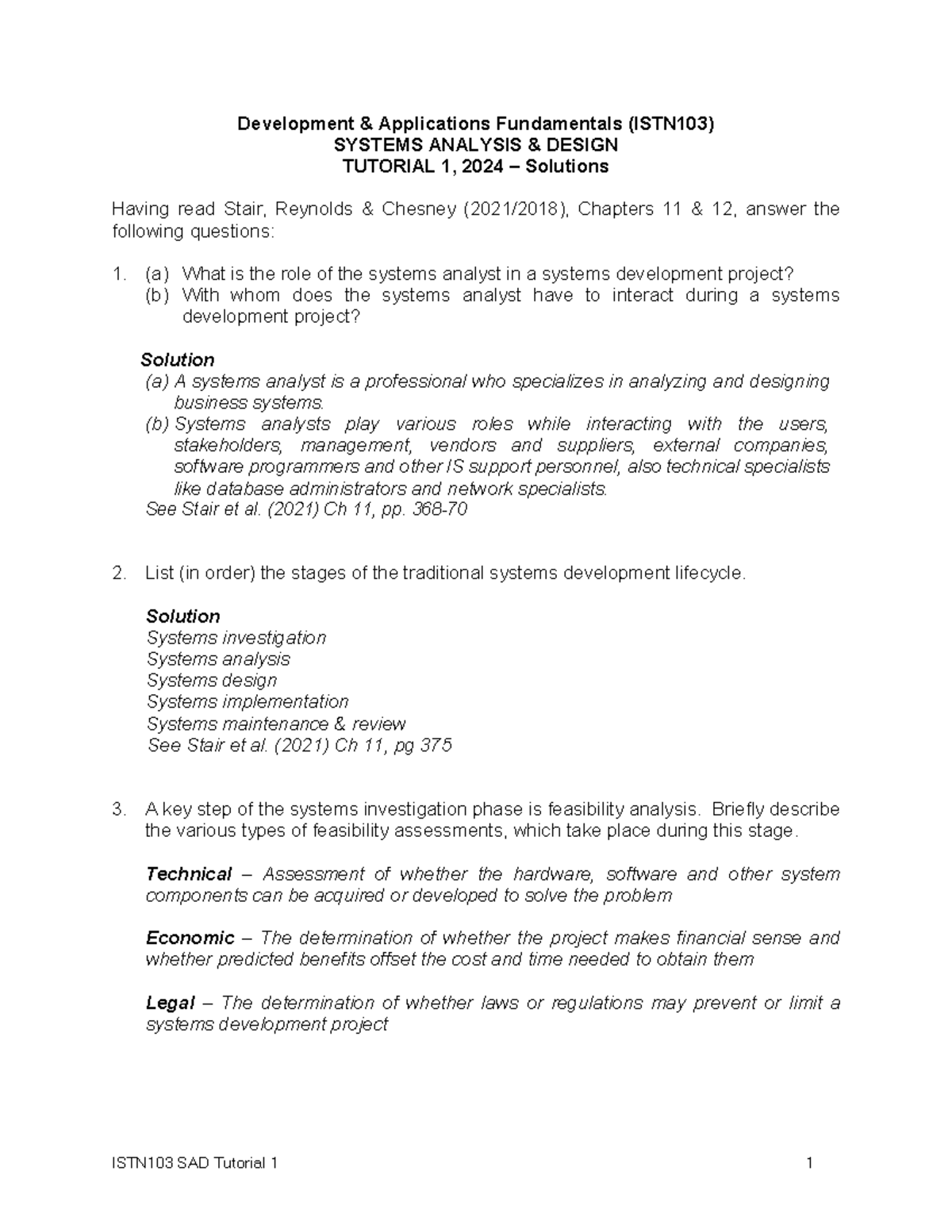 ISTN103 2024 SAD Tutorial 1 Solutions & Key Concepts - Studocu