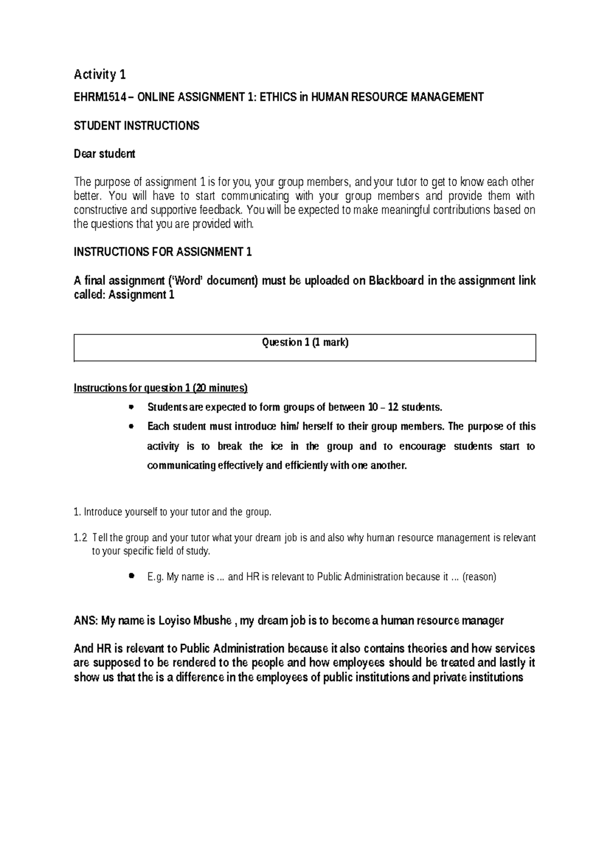 Activity 1 - Practise material fir Human resource - Activity 1 EHRM1514 ...