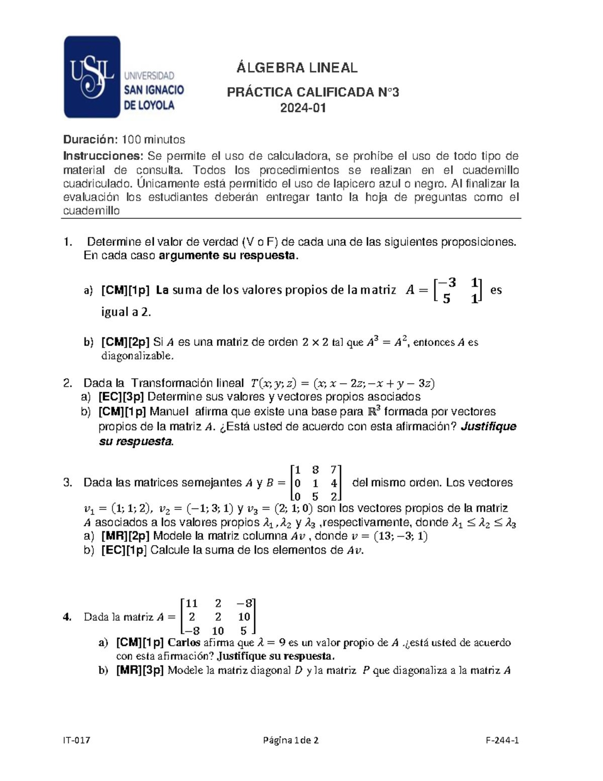 ÁLGEBRA LINEAL 1 PRÁCTICA CALIFICADA - Evaluación de Proposiciones ...