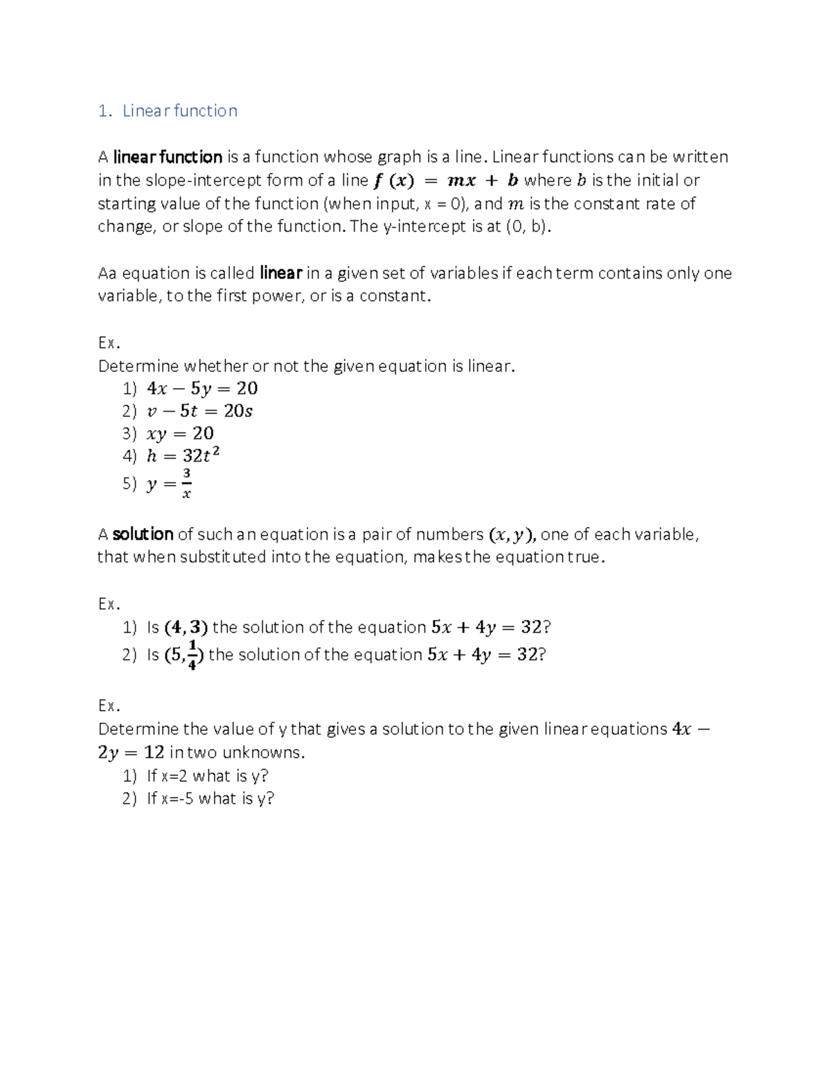 Linear Functions Overview - MAT124 - Studocu