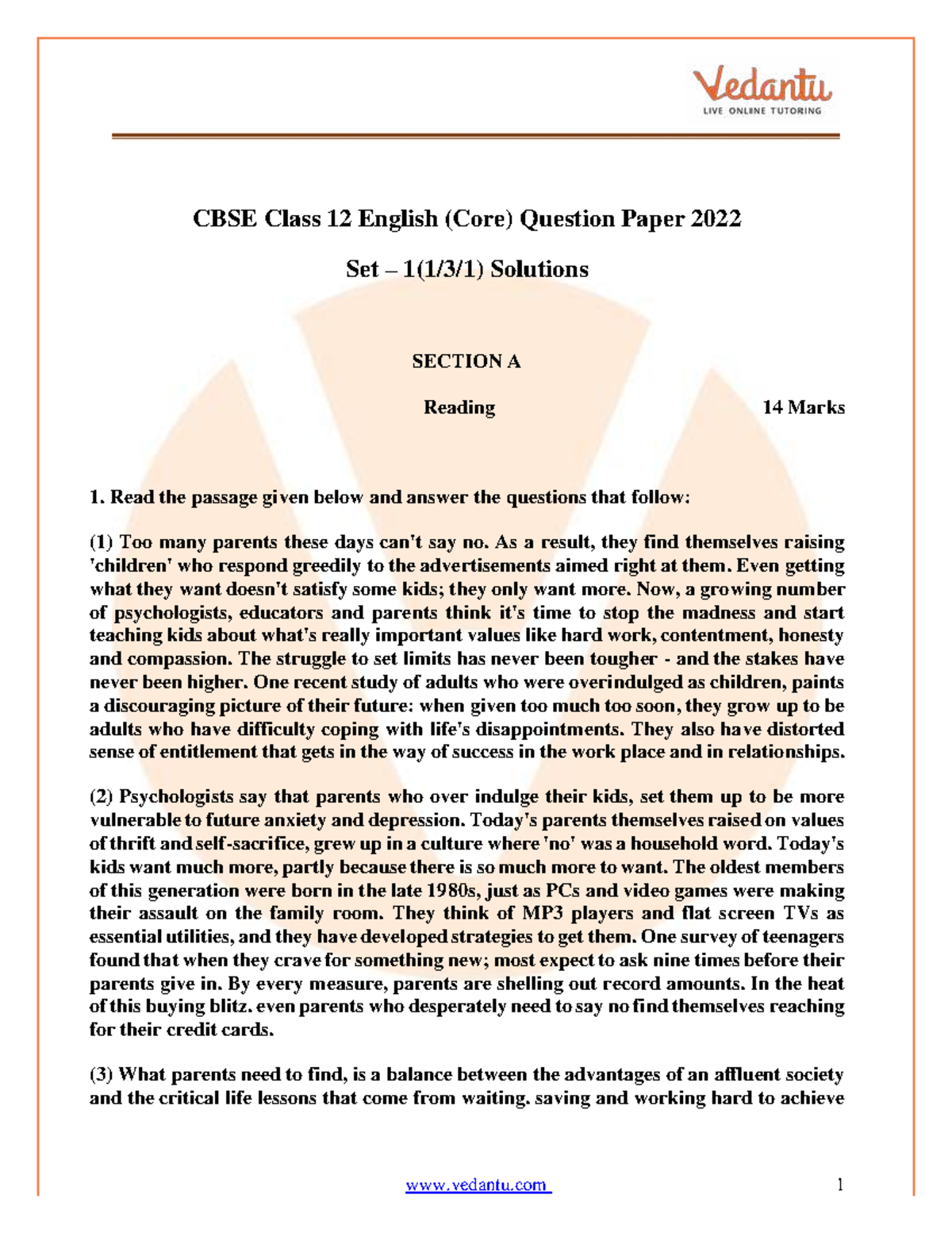 CBSE Class 12 English (Core) Question Paper Set 1 Solutions 2022 - Studocu