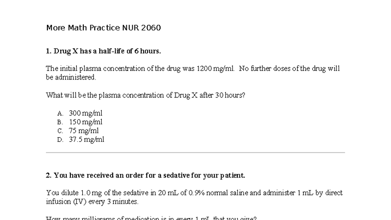 NUR 2060 Math Practice - Medication Dosage Calculations - Studocu