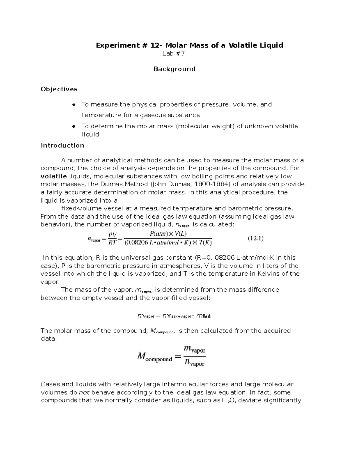 Exp 12- Molar Mass of a Volatile Liquid Lab Protocol - Experiment # 12 ...