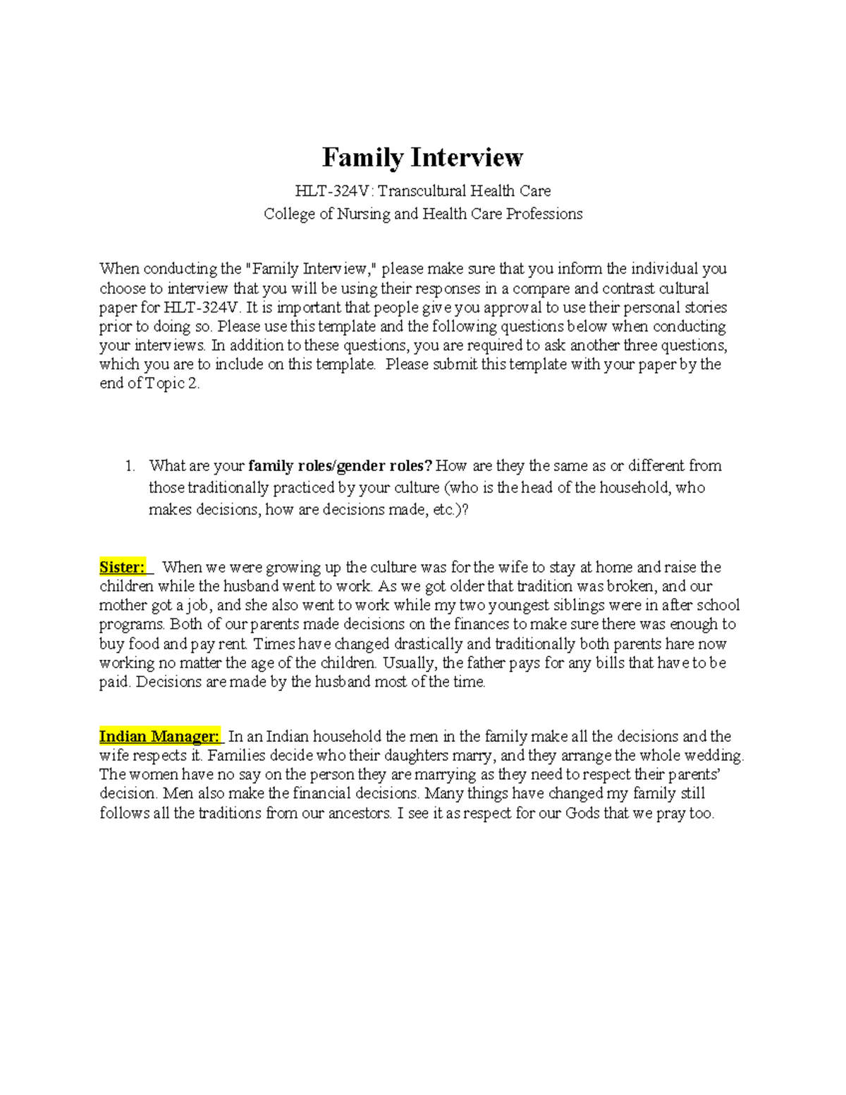 HLT-324V Family Interview Worksheet for Cultural Analysis - Studocu