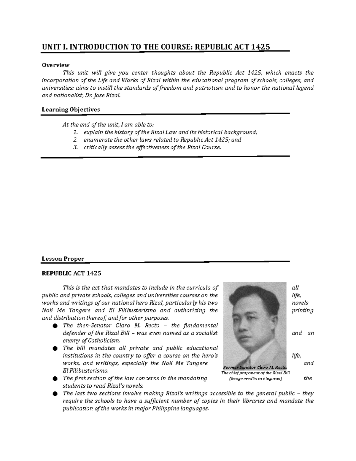 RIZAL LAW: Understanding Republic Act 1425 - Unit I Overview - Studocu