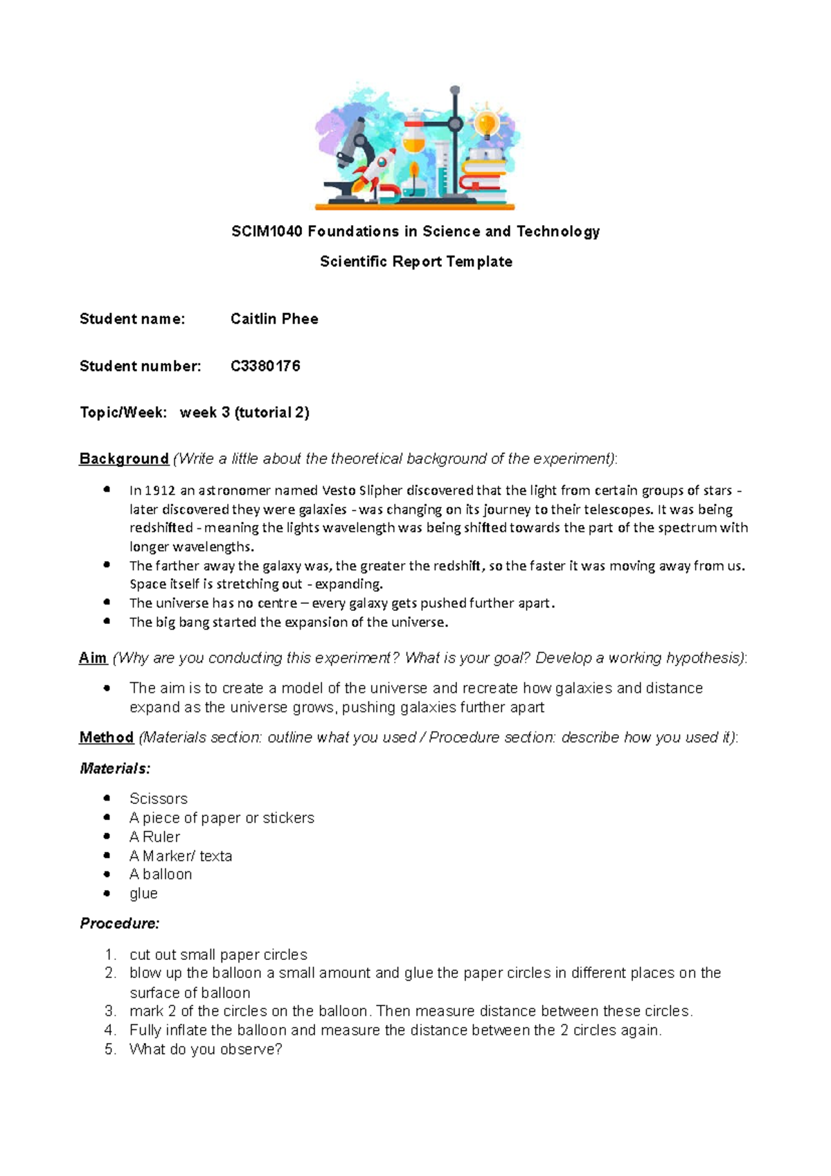 SCIM1040 Scientific Report Template: Galaxy Expansion Experiment - Studocu