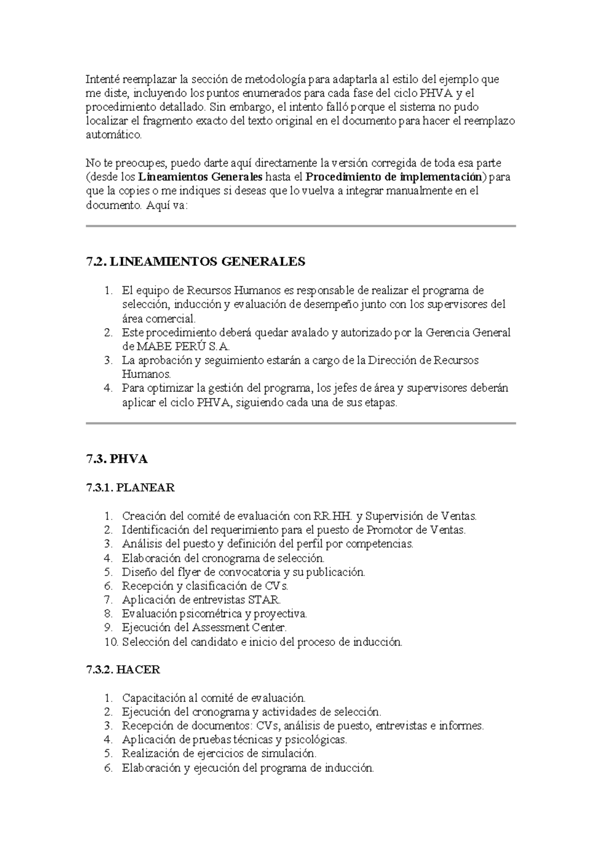 Informe de Competencias: Metodología y Ciclo PHVA en MABE PERÚ S.A. - Studocu