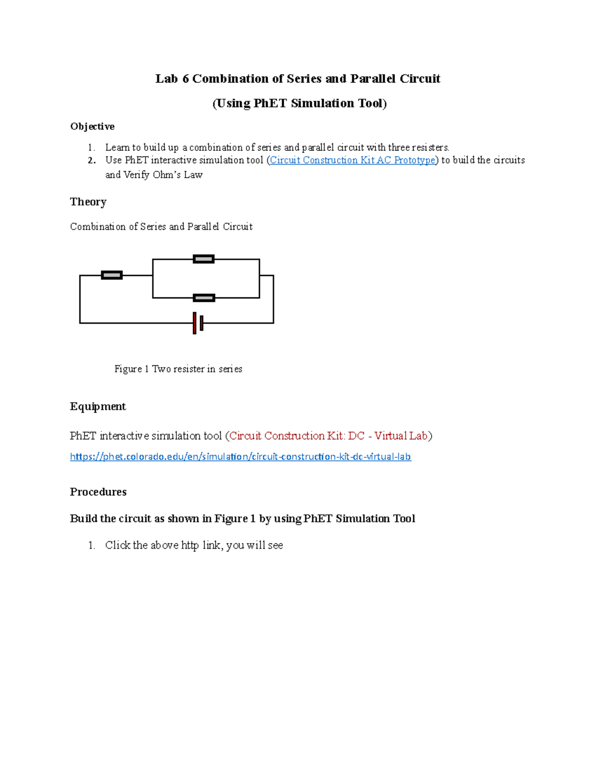 Lab 6 Combination of Series and Parallel Circuits (Using Ph ET Simulation Tool)-1 - Learn to ...