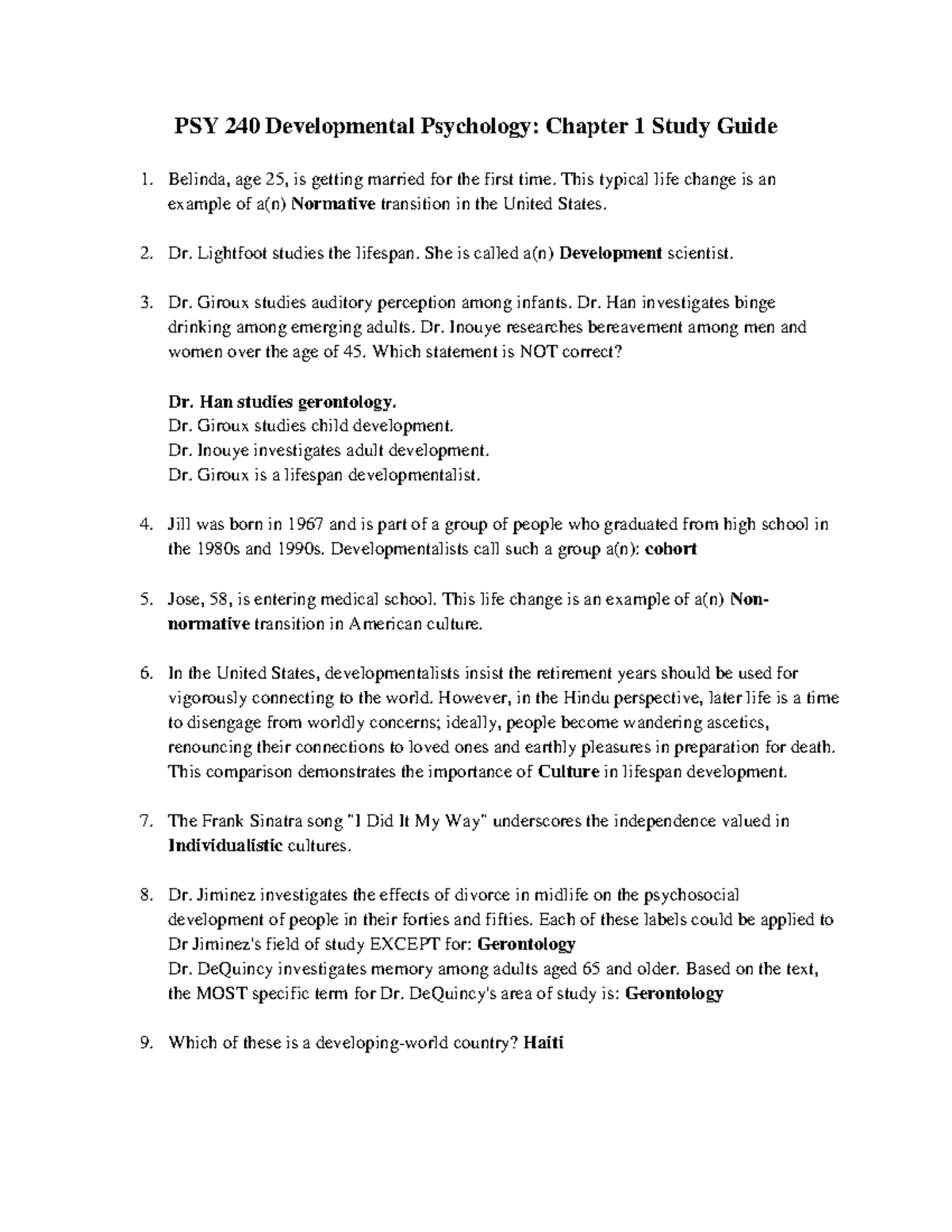 PSY 240 Study Guide - PSY 240 Developmental Psychology: Chapter 1 Study Guide Belinda, age 25 ...