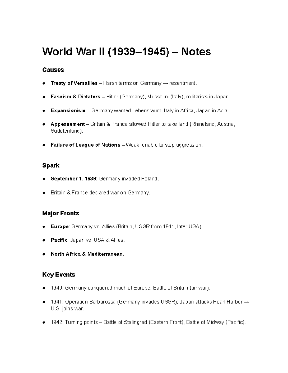 WWII Causes & Key Events: Notes on Major Fronts & Treaties - Studocu