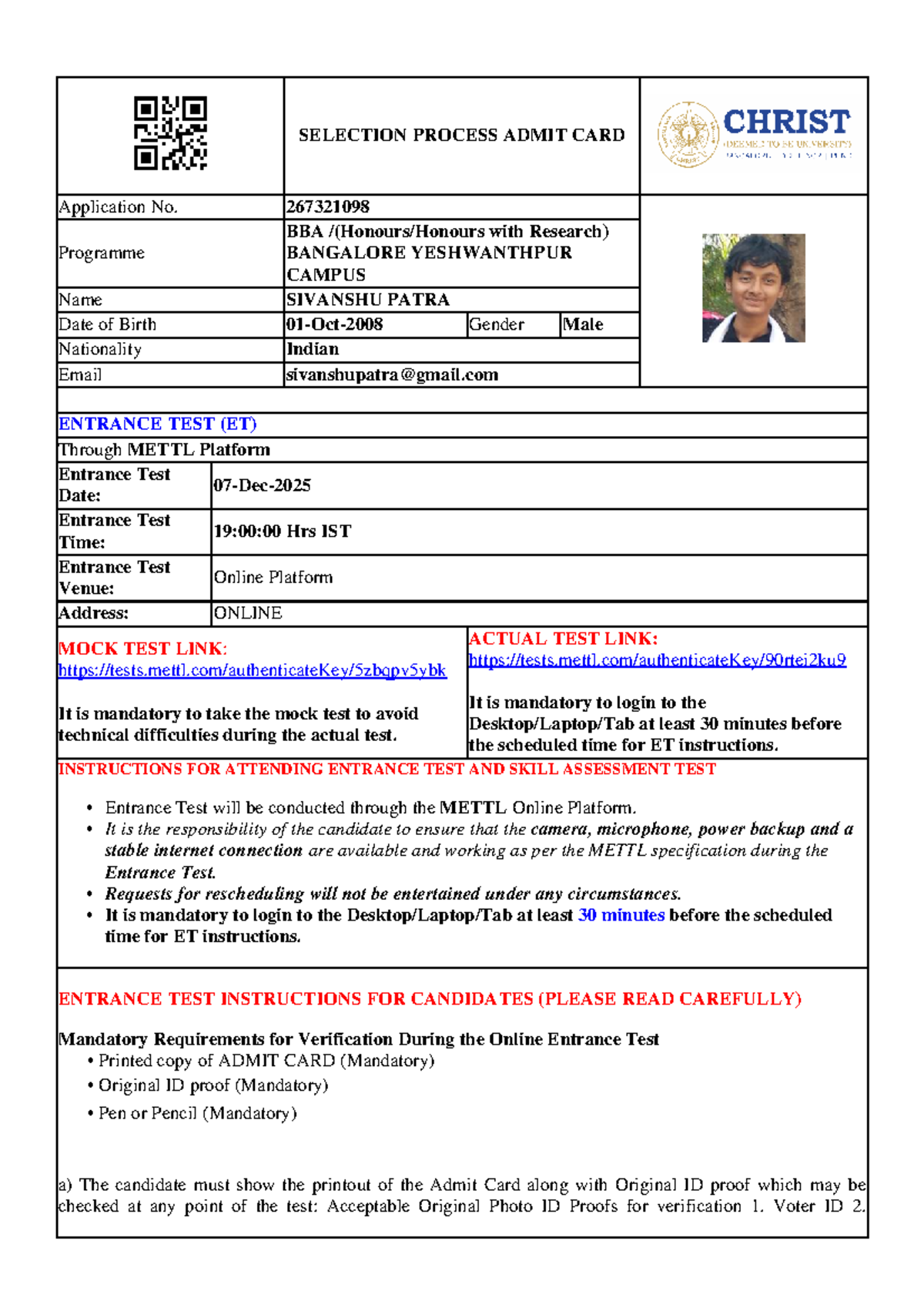 BBA Entrance Test Admit Card & Selection Process Instructions - Studocu