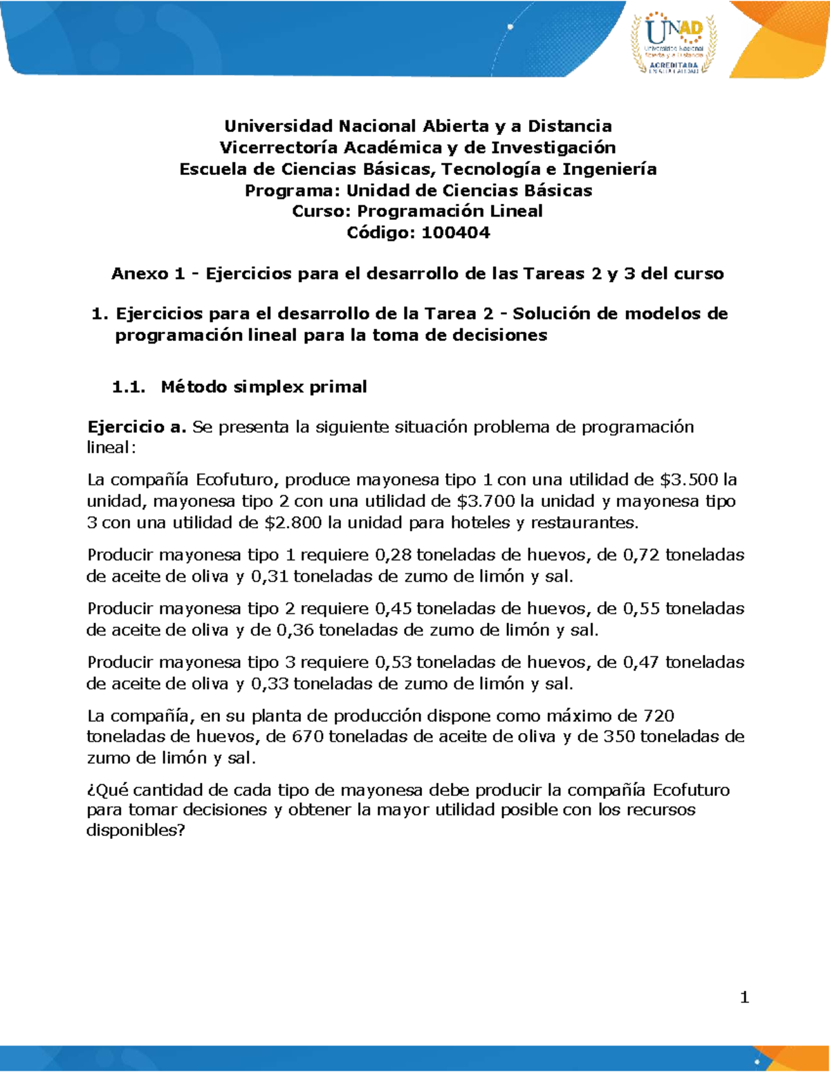 Anexo 1 - Ejercicios para Tareas 2 y 3 de Programación Lineal 100404 ...