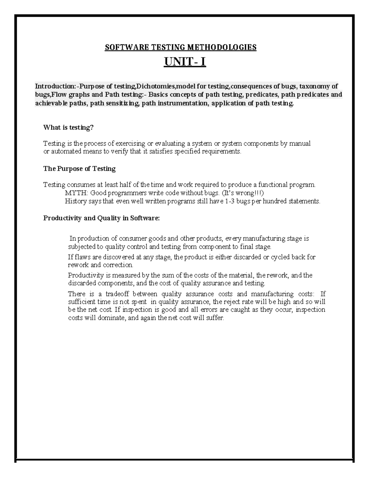SOFTWARE TESTING METHODOLOGIES I - UNIT 1 STUDY NOTES - Studocu