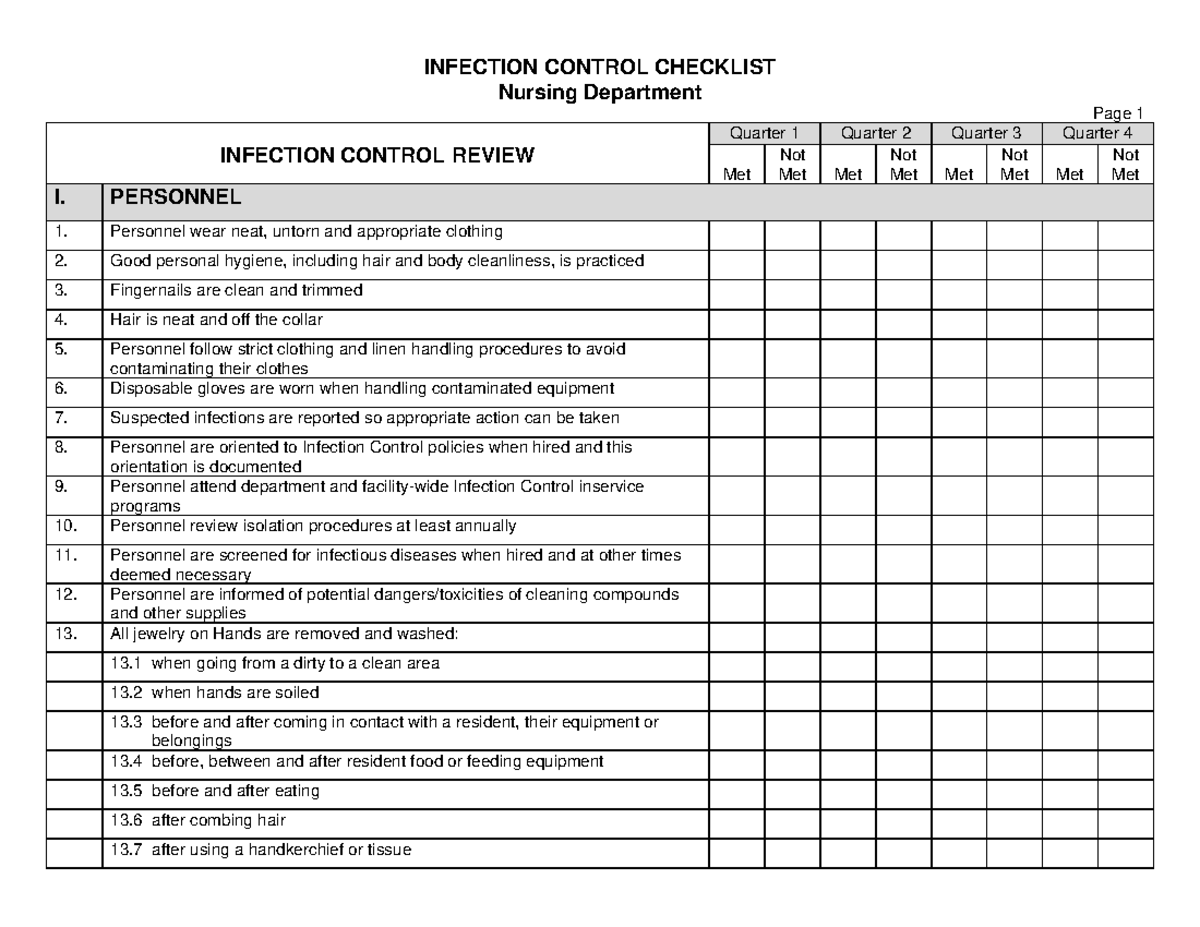 Nursing - infection control checklist - INFECTION CONTROL CHECKLIST ...