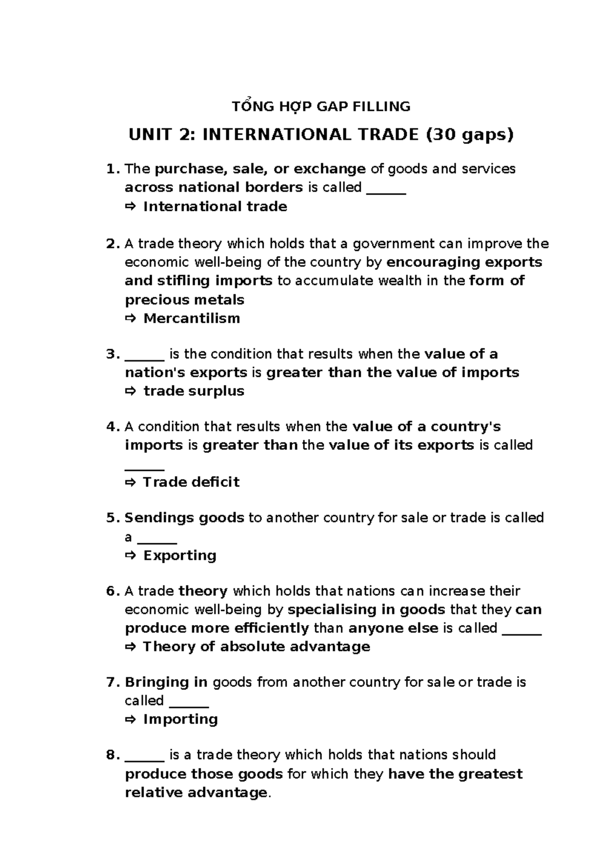 Gap filling for unit 2 and unit 3: International trade and policy (65 ...