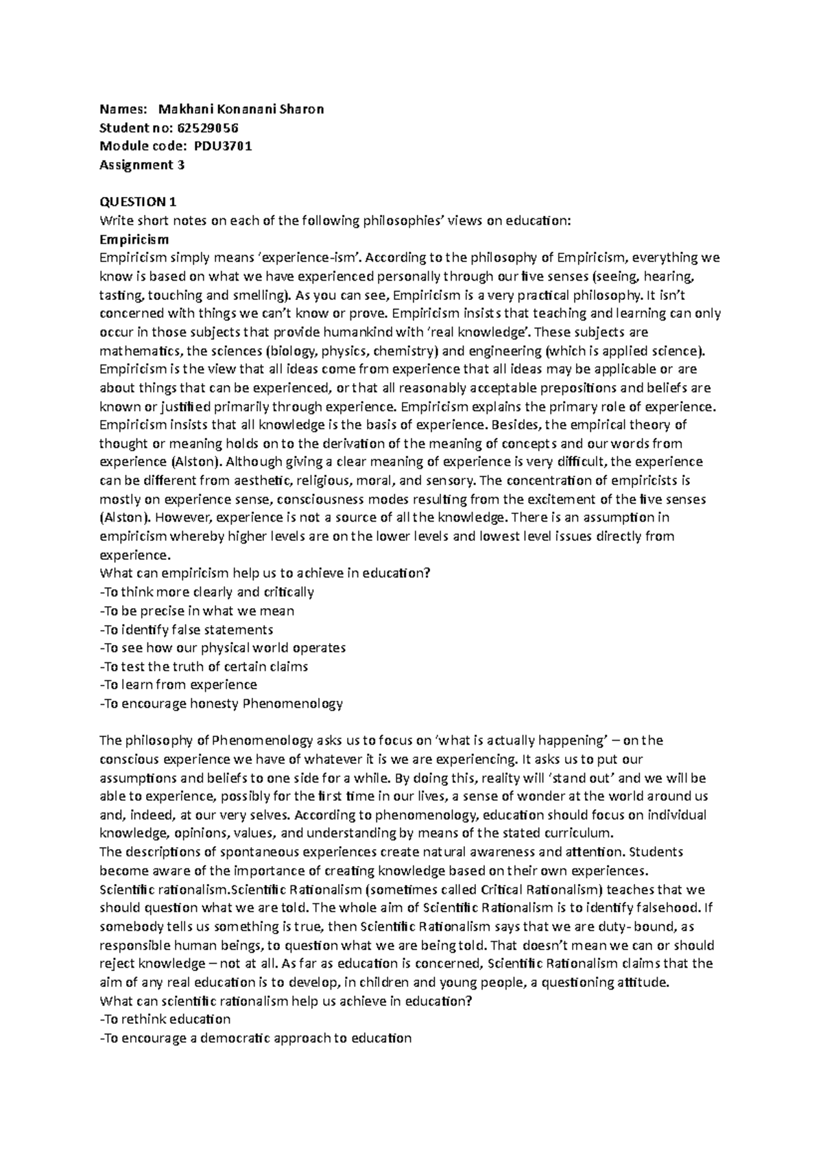 PDU Assignment 3: Philosophies of Education & Classroom Practices - Studocu