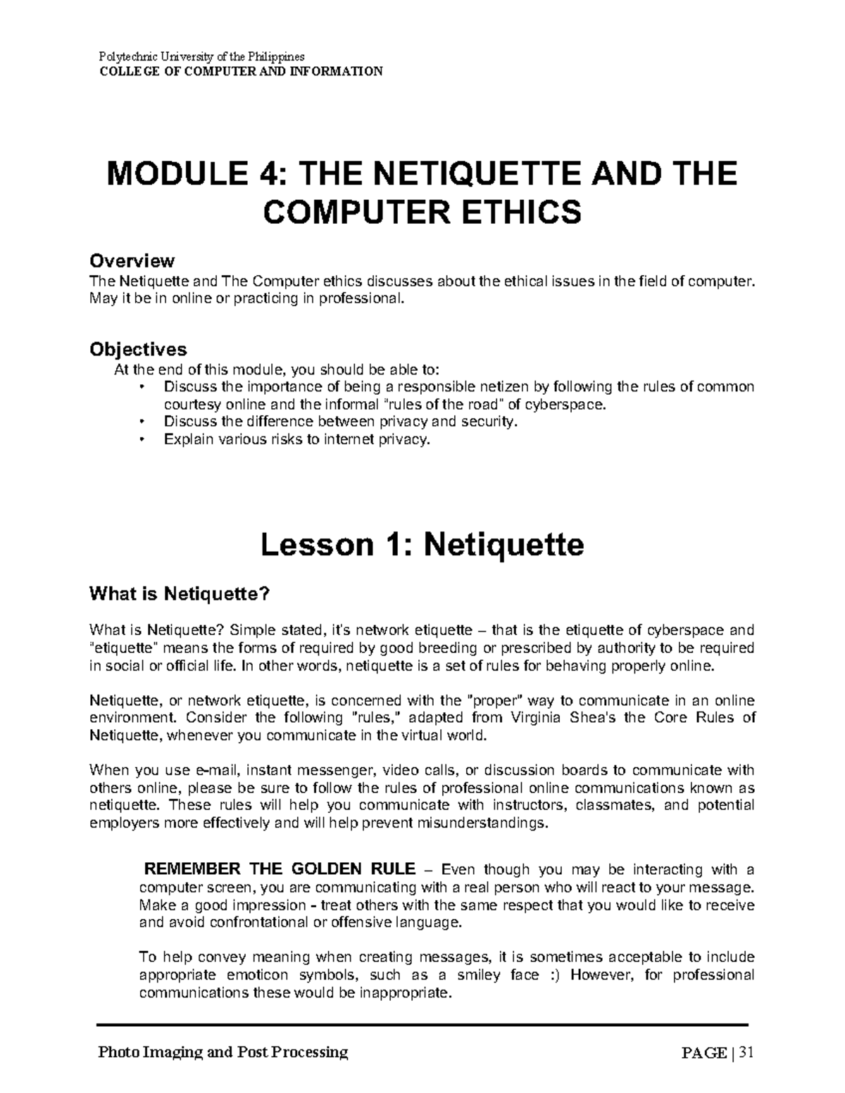 PUP CCIS Module 4: Netiquette & Computer Ethics Overview - Studocu