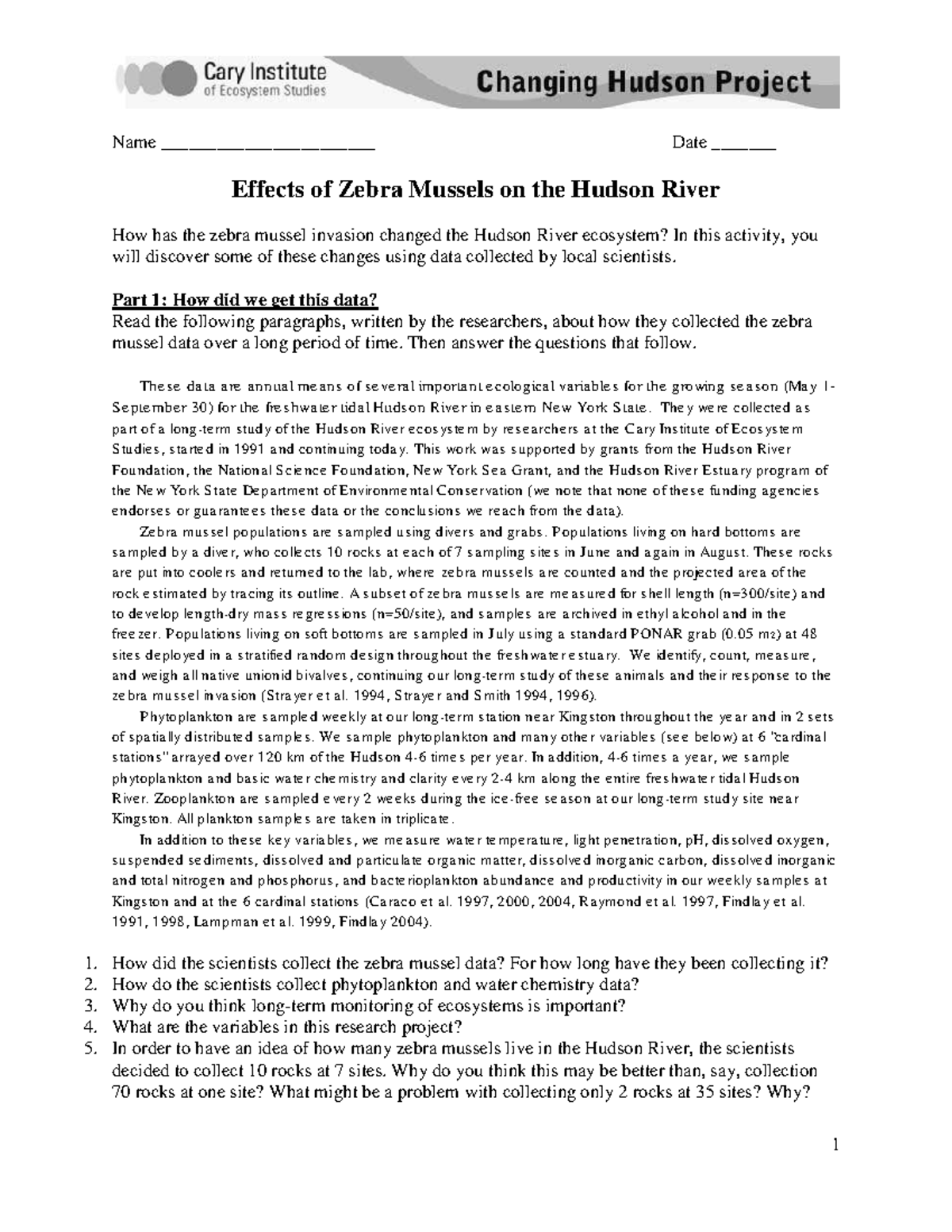 Effects of Zebra Mussels on the Hudson River Ecosystem - Data Analysis ...