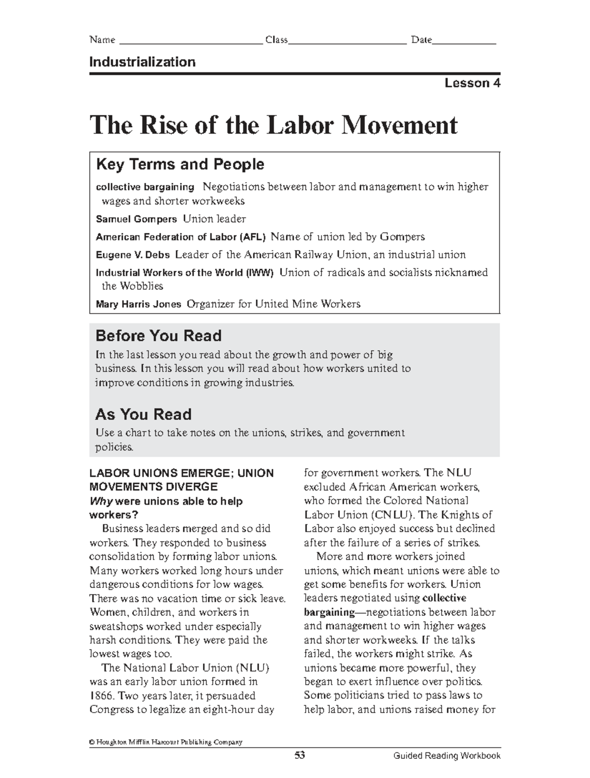 Industrialization Lesson 4: The Rise of the Labor Movement Key Terms ...