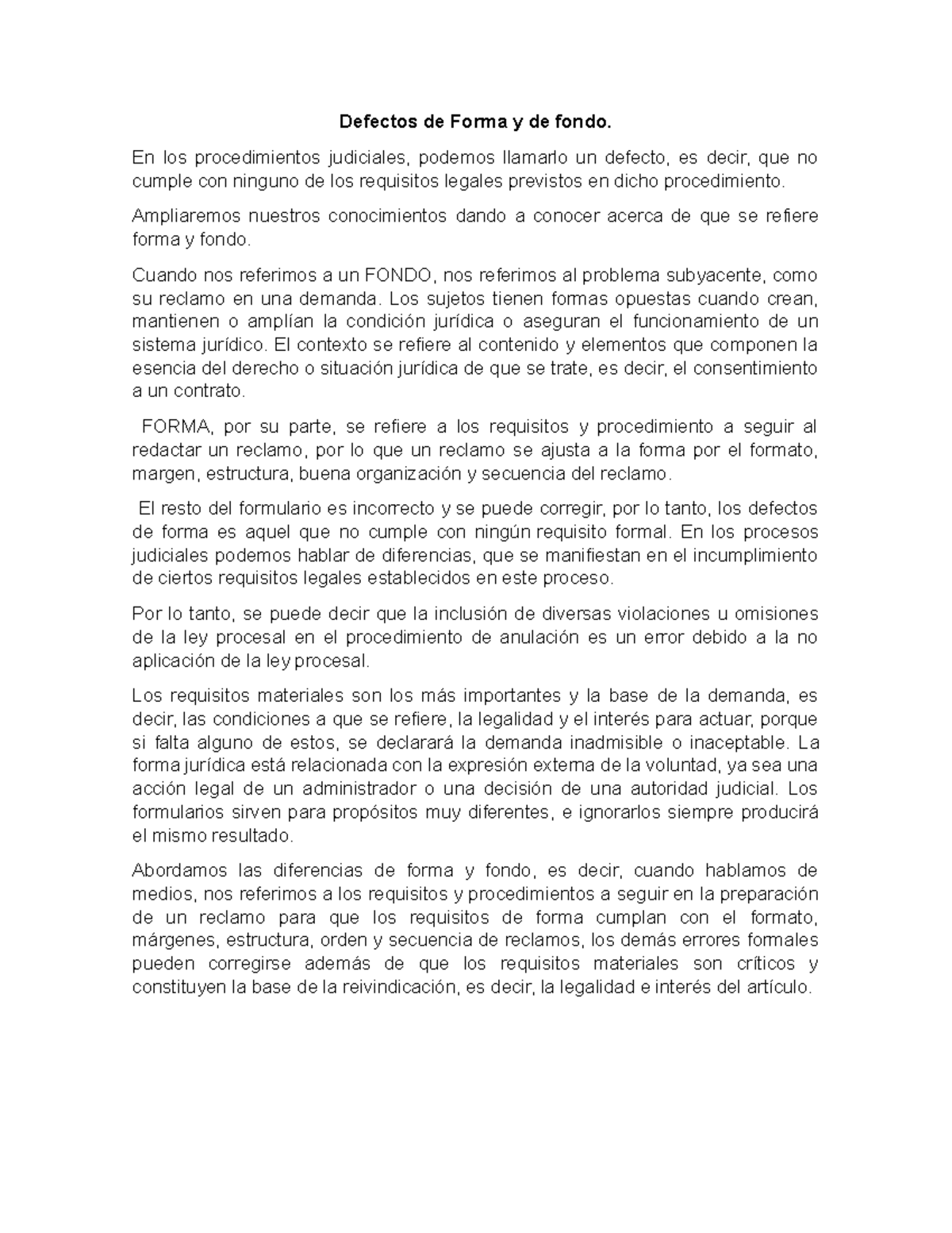 Análisis de Defectos de Forma y Fondo en Procedimientos Judiciales ...