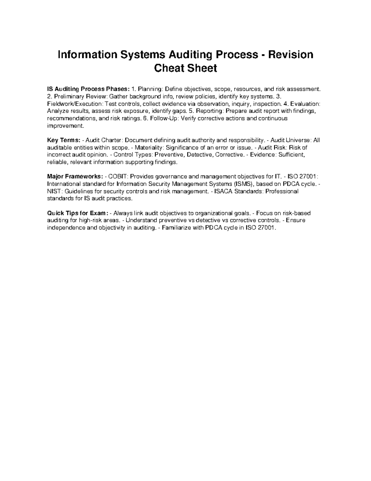 IS Auditing Process Revision Cheat Sheet - IS Auditing 101 - Studocu