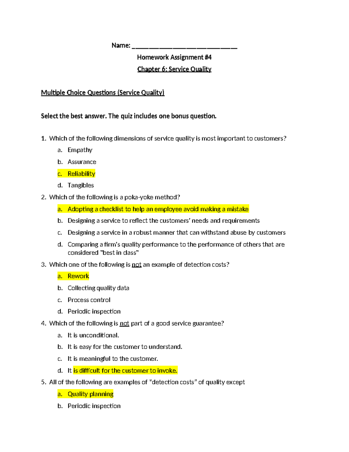 QSO 310 Homework: Chapter 6 Service Quality MCQs & Analysis - Studocu