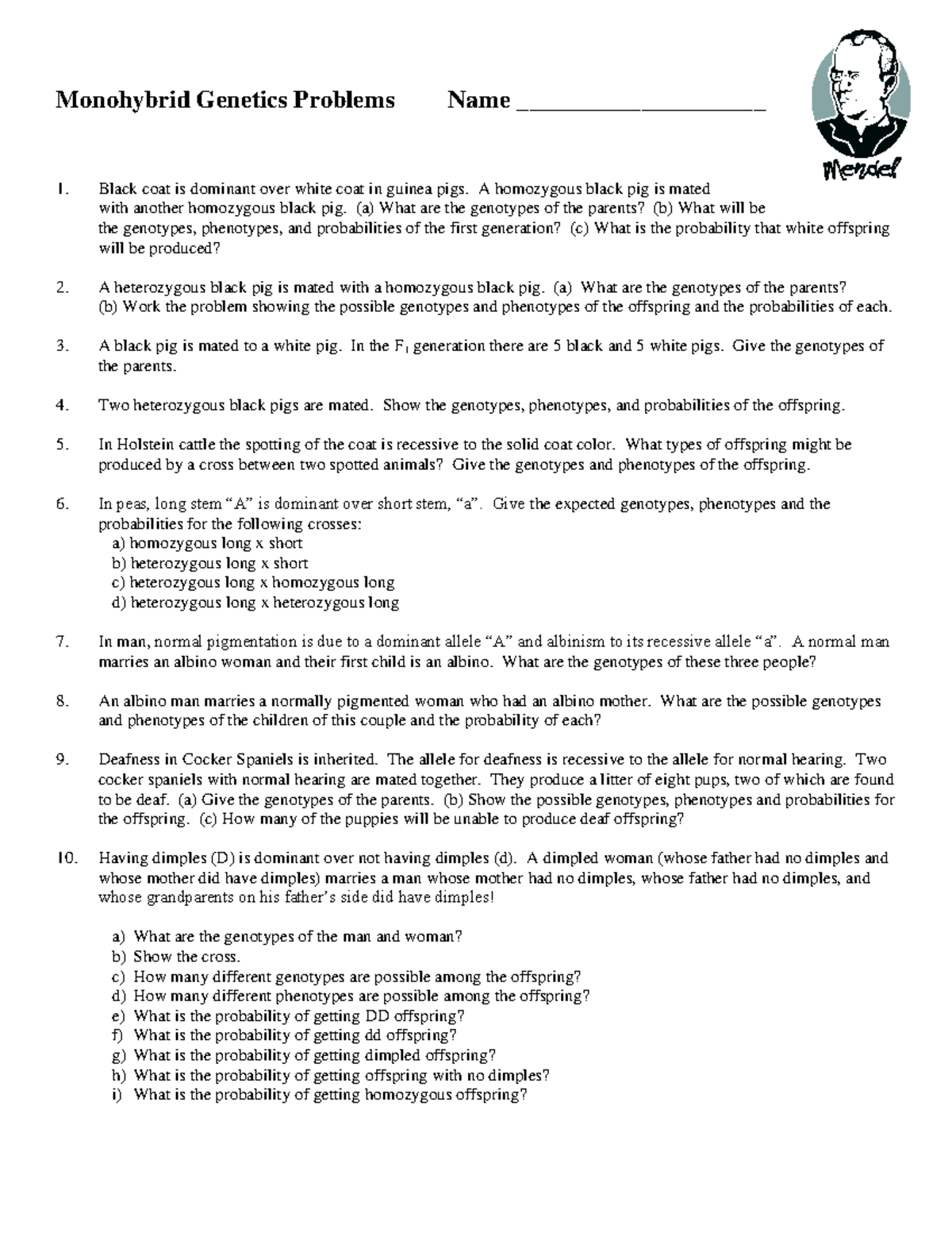 Monohybrid Genetics Problems Worksheet - DWFCEWFWEFWEF - Studocu