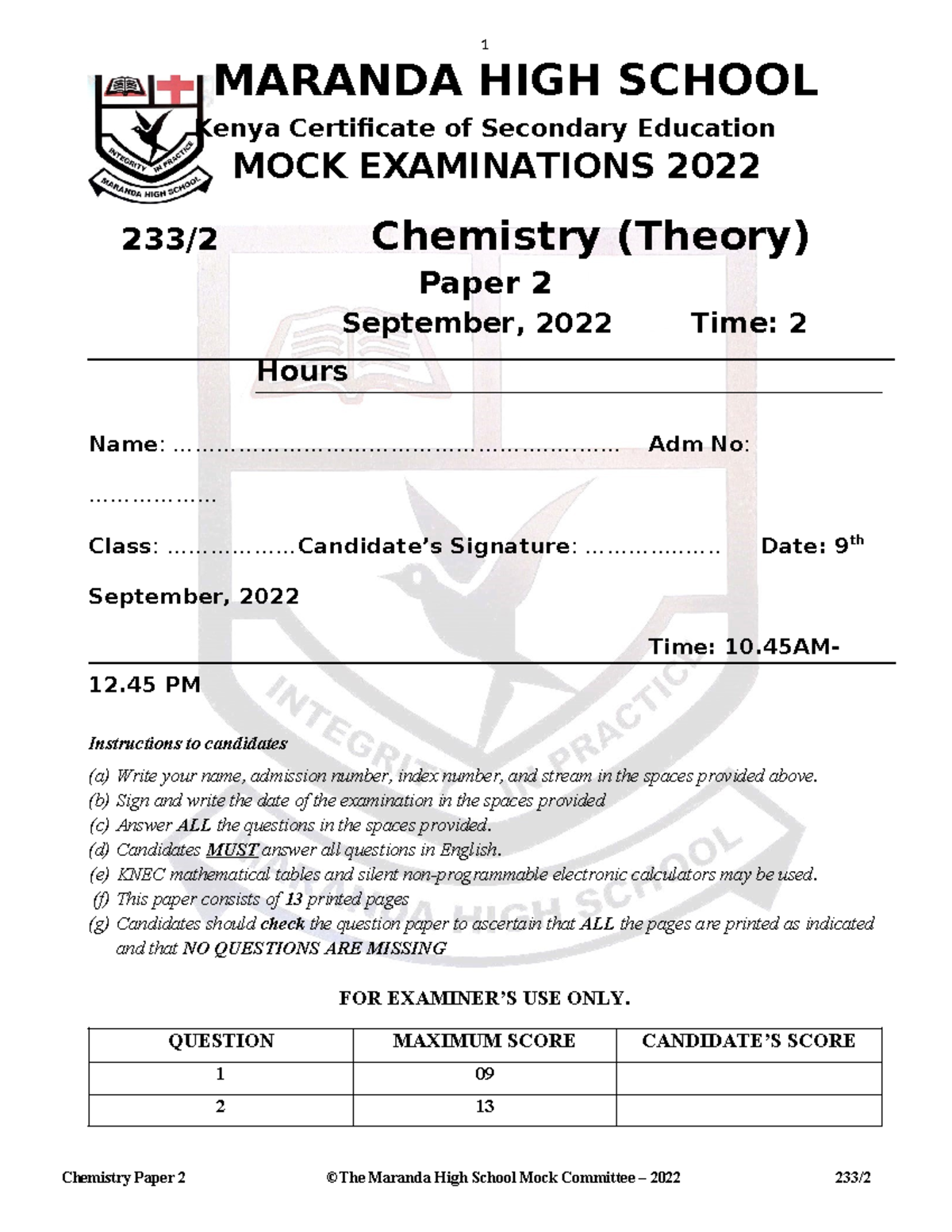 Chemistry P2 Mock Exam Questions - Maranda High School 2022 - Studocu