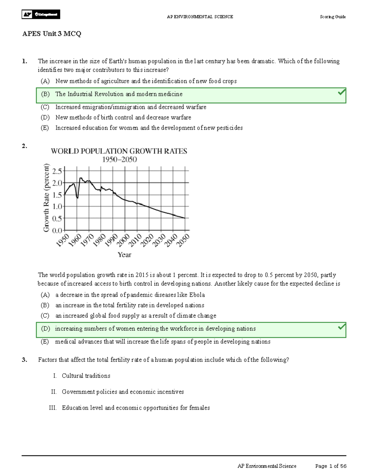 APES Unit 3 MCQ Practice Questions on Population Dynamics - Studocu