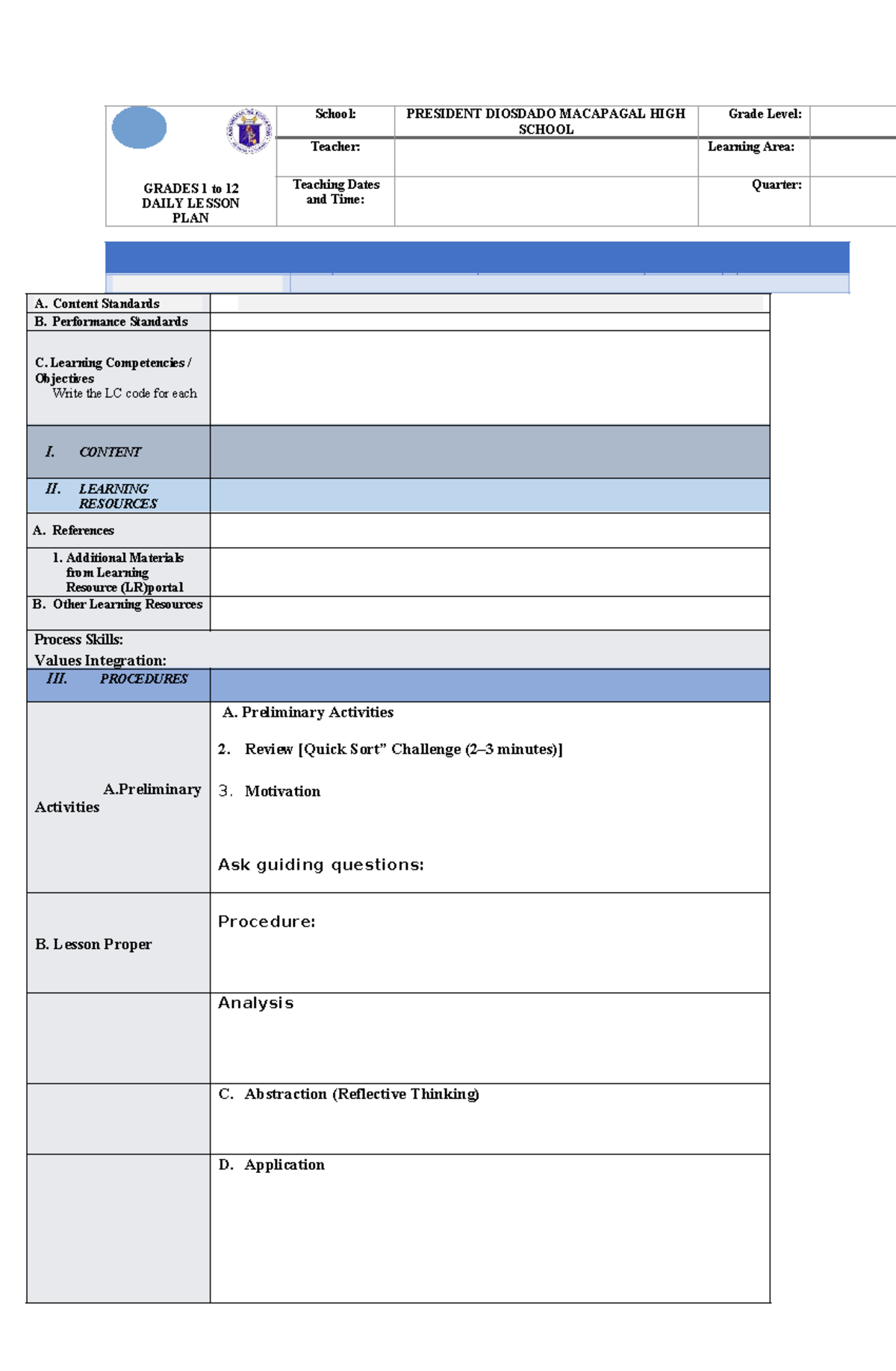 Daily Lesson Plan for Grades 1-12 at President Diosdado Macapagal High ...