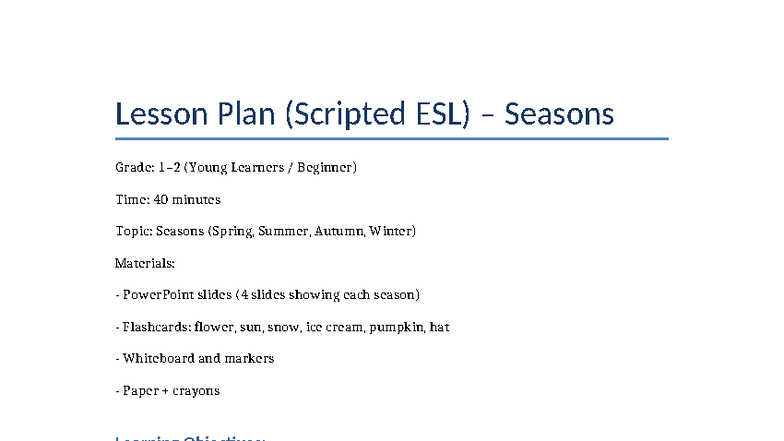 Seasons Lesson Plan (Scripted ESL) for Young Learners - Studocu