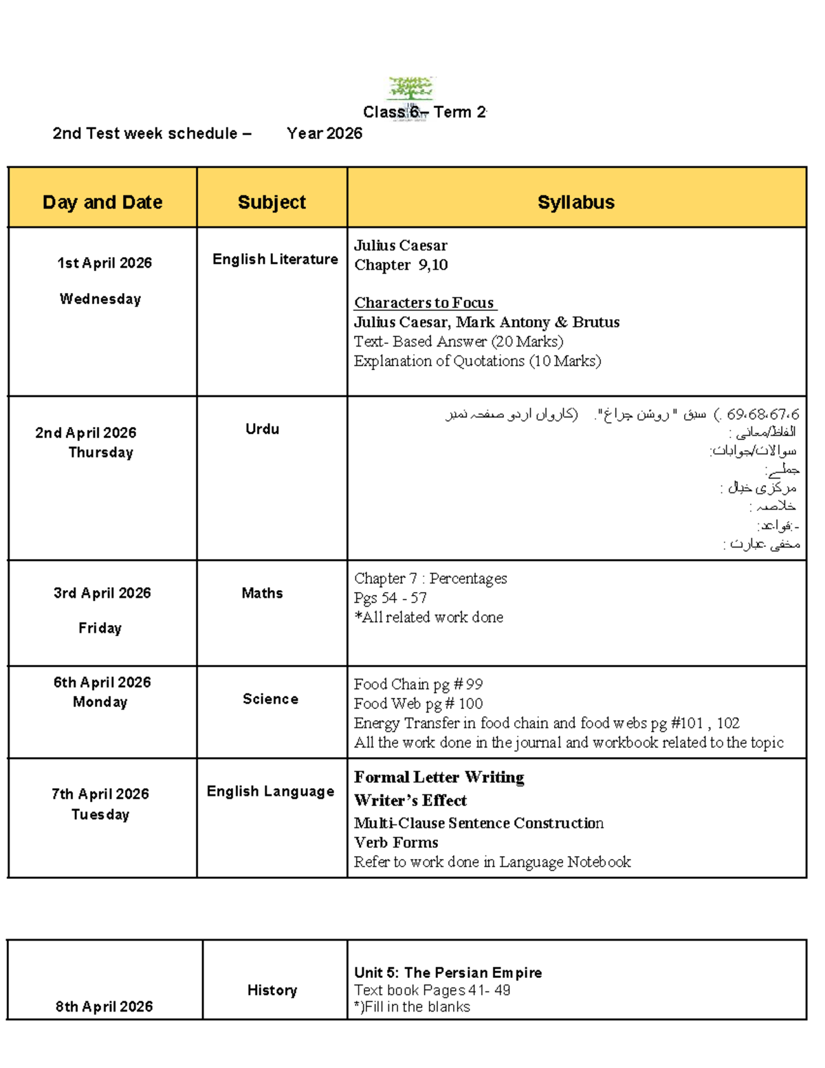6S Term 2 Test Schedule & Syllabus - April 2026 - Studocu