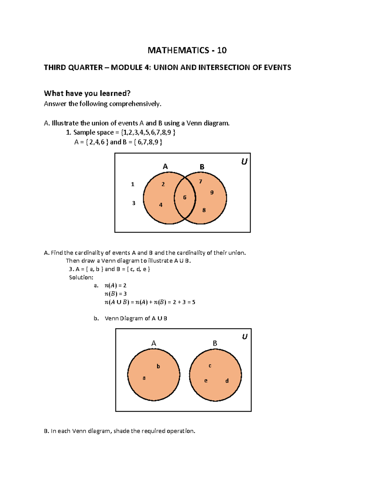 Math (Q3W4) - Union & Intersection of Events: Venn Diagrams - Studocu