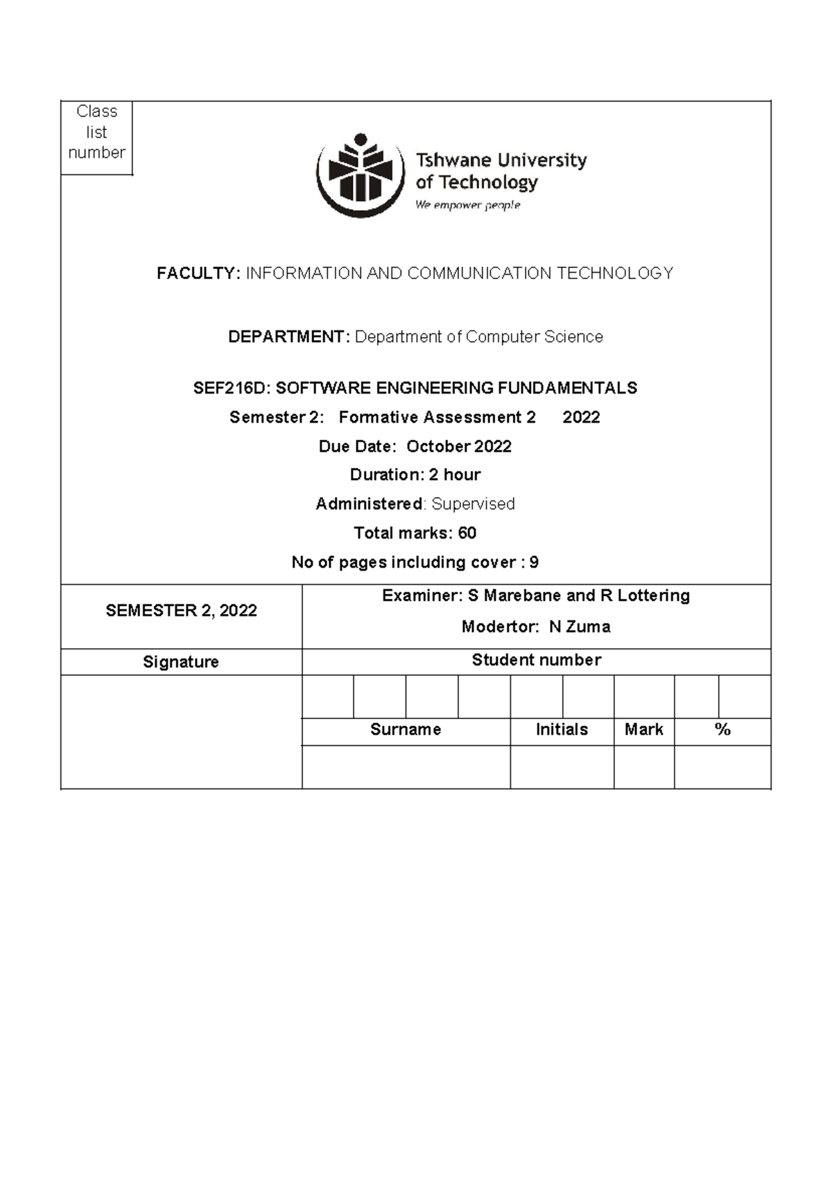 SEF216D Software Engineering Fundamentals FA2 QPaper 2022 Semester 2 ...