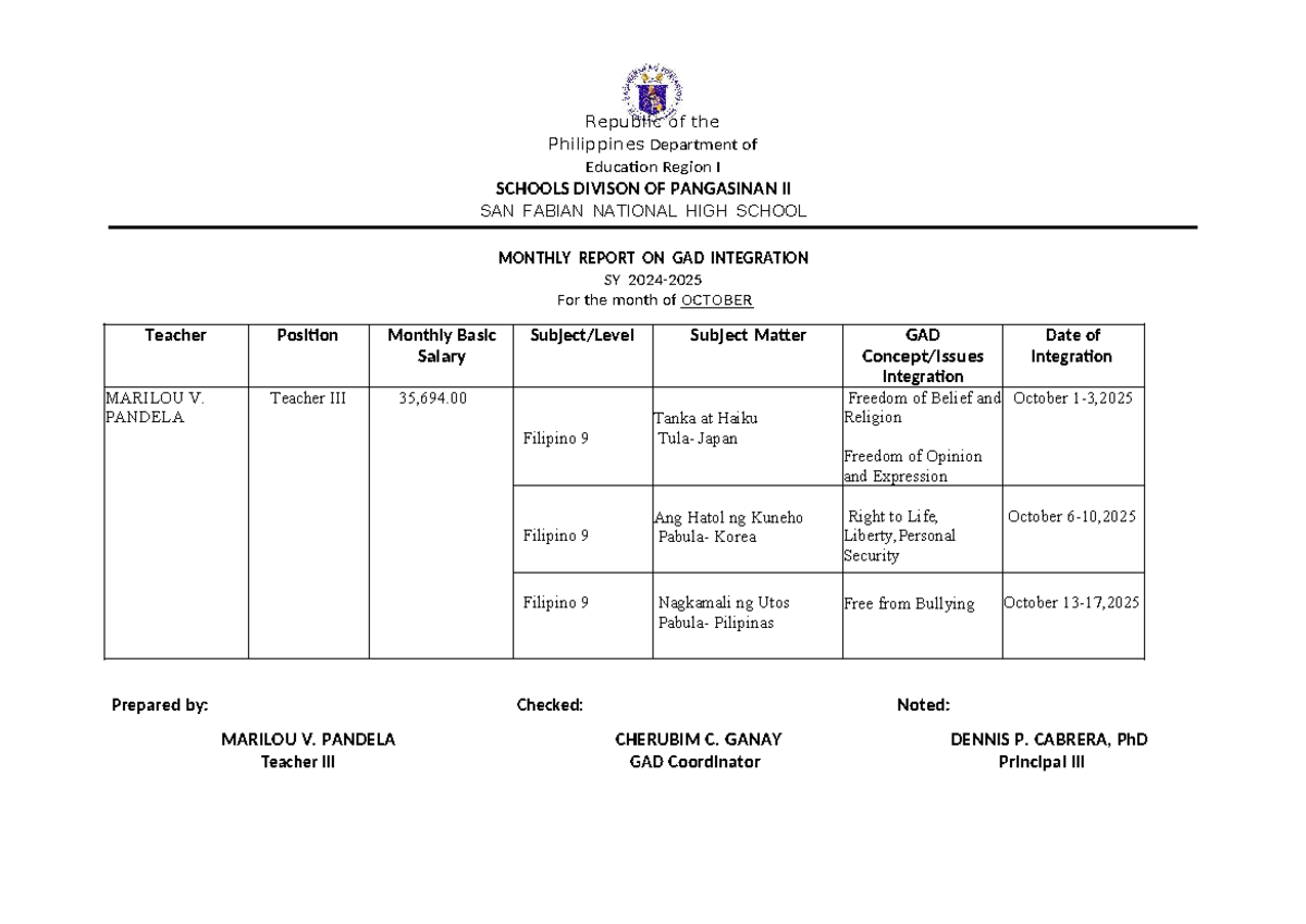 GAD Integration Monthly Report - October 2023 (Filipino 9) - Studocu