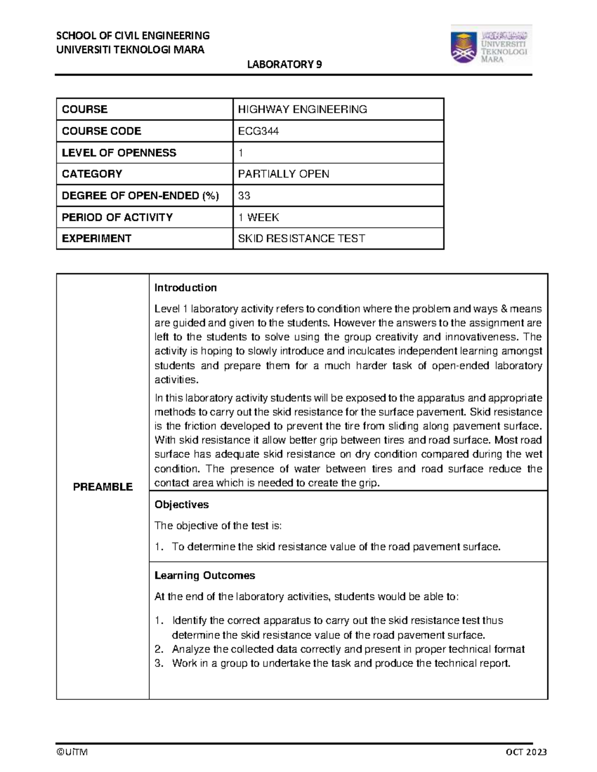 Skid Resistance Test for Pavement Surface – ECG344 Laboratory 9 - Studocu