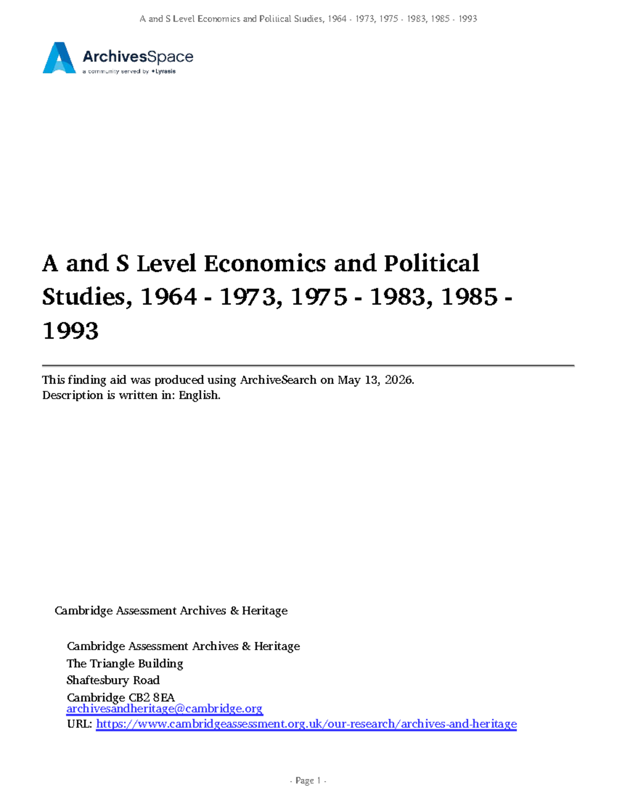 A and S Level Economics & Political Studies Overview (1964-1993) - Studocu