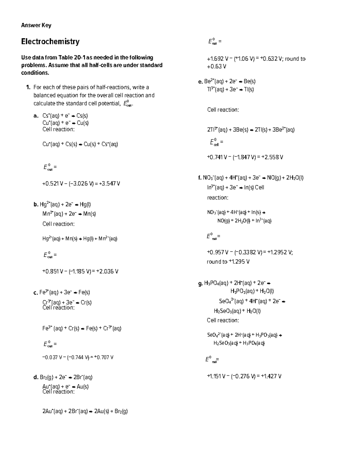 Electrochemistry Chapter Key: Answer Key for E Cell Calculations - Studocu