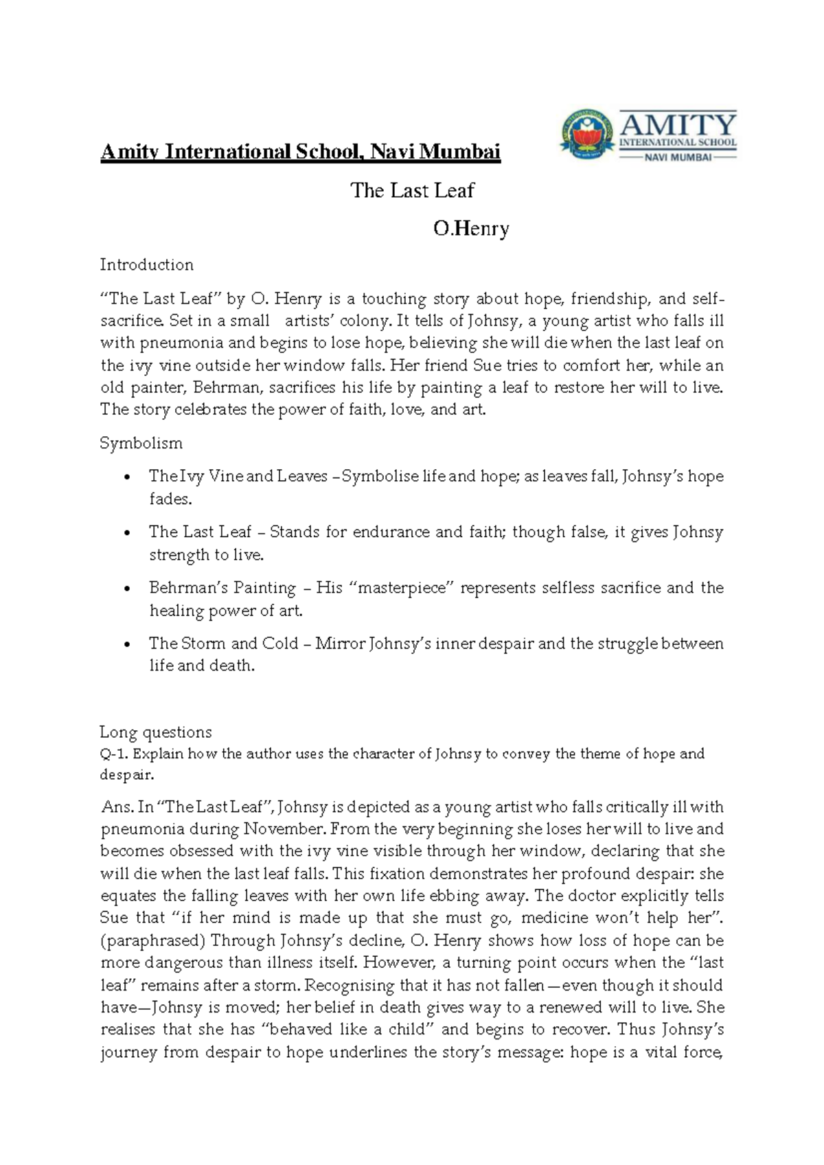 07f55 - The Last Leaf by O. Henry: Themes of Hope and Sacrifice - Studocu