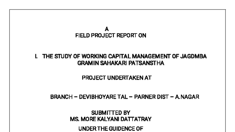 MBA Field Project Report: Working Capital Management at Jagdamba Gramin ...