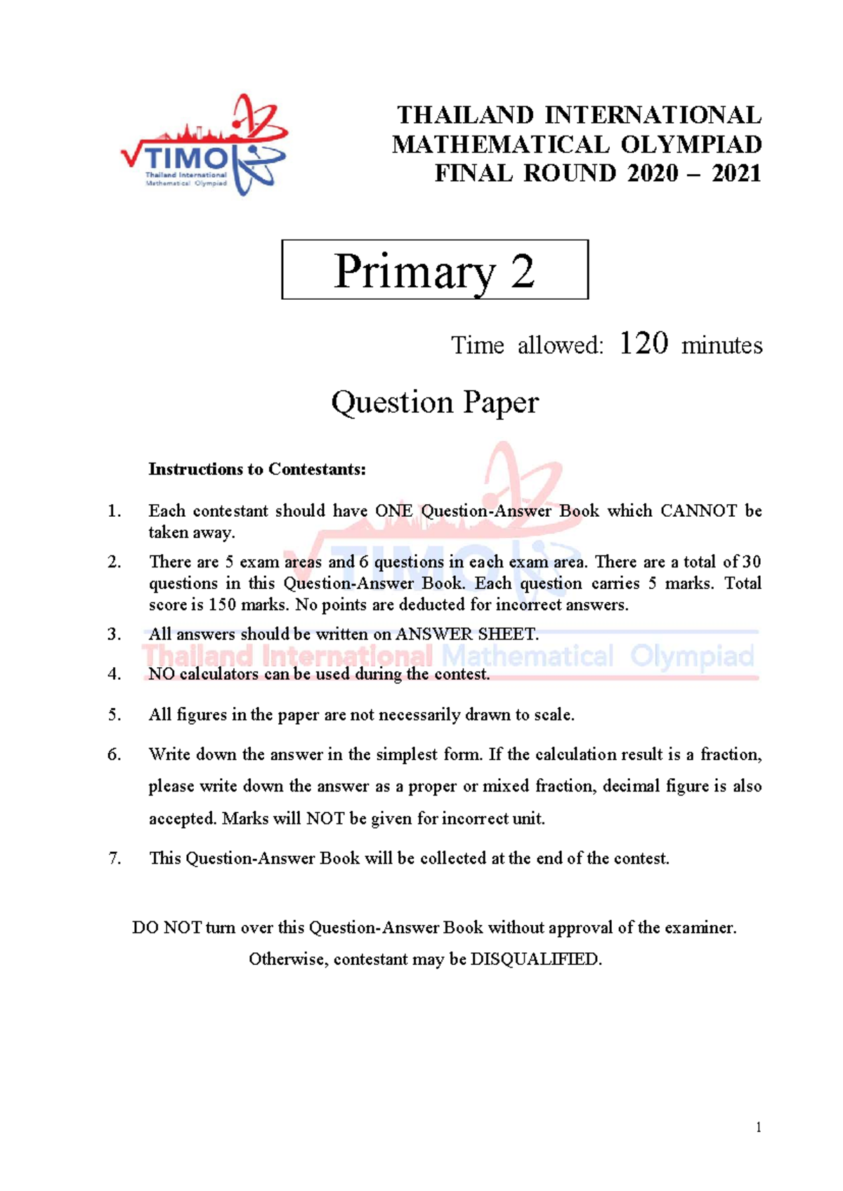TIMO Final Round 2020-2021: Primary 2 Math Olympiad Paper - Studocu