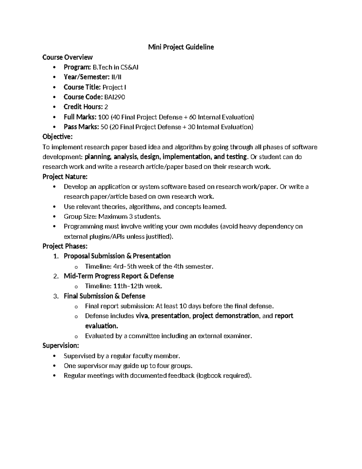 BAI290 Mini Project Guidelines for B.Tech Project I (2 Credits) - Studocu