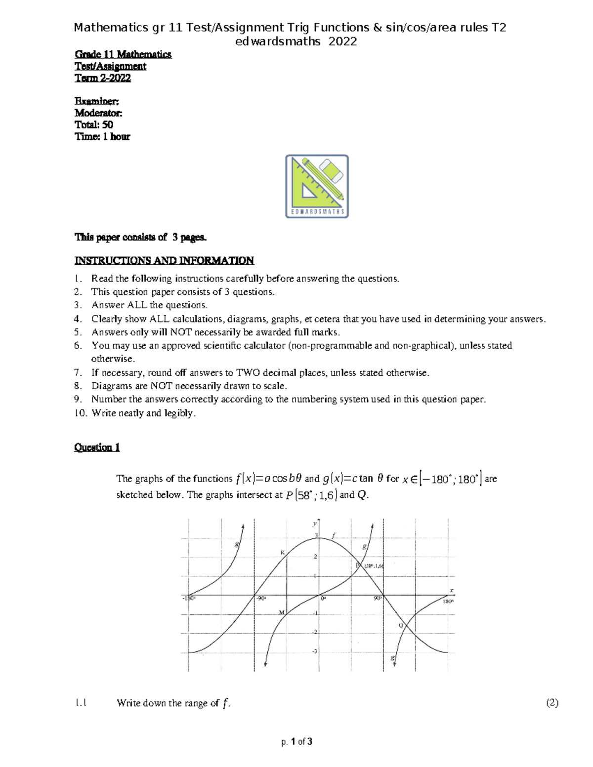 Grade 11 Mathematics Trig Functions Test T2 2022 - Edwardsmaths - Studocu